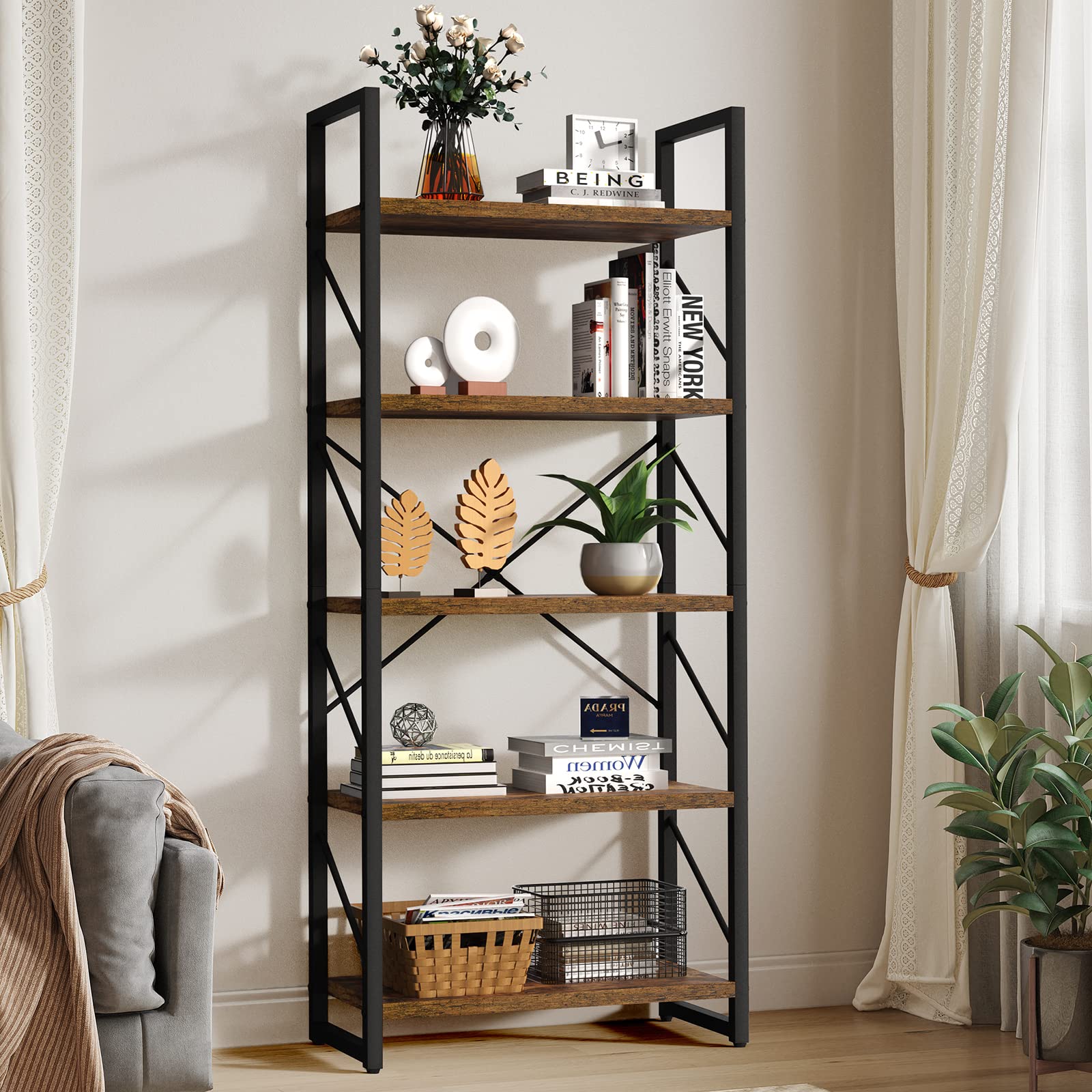 YITAHOME 5 Tier Bookcase, Artsy Modern Bookshelf, Book Rack, Storage Rack Shelves & 5 Tiers Bookshelf, Artsy Modern Bookcase, Book Rack, Storage Rack Shelves Books Holder Organizer - Rustic Brown
