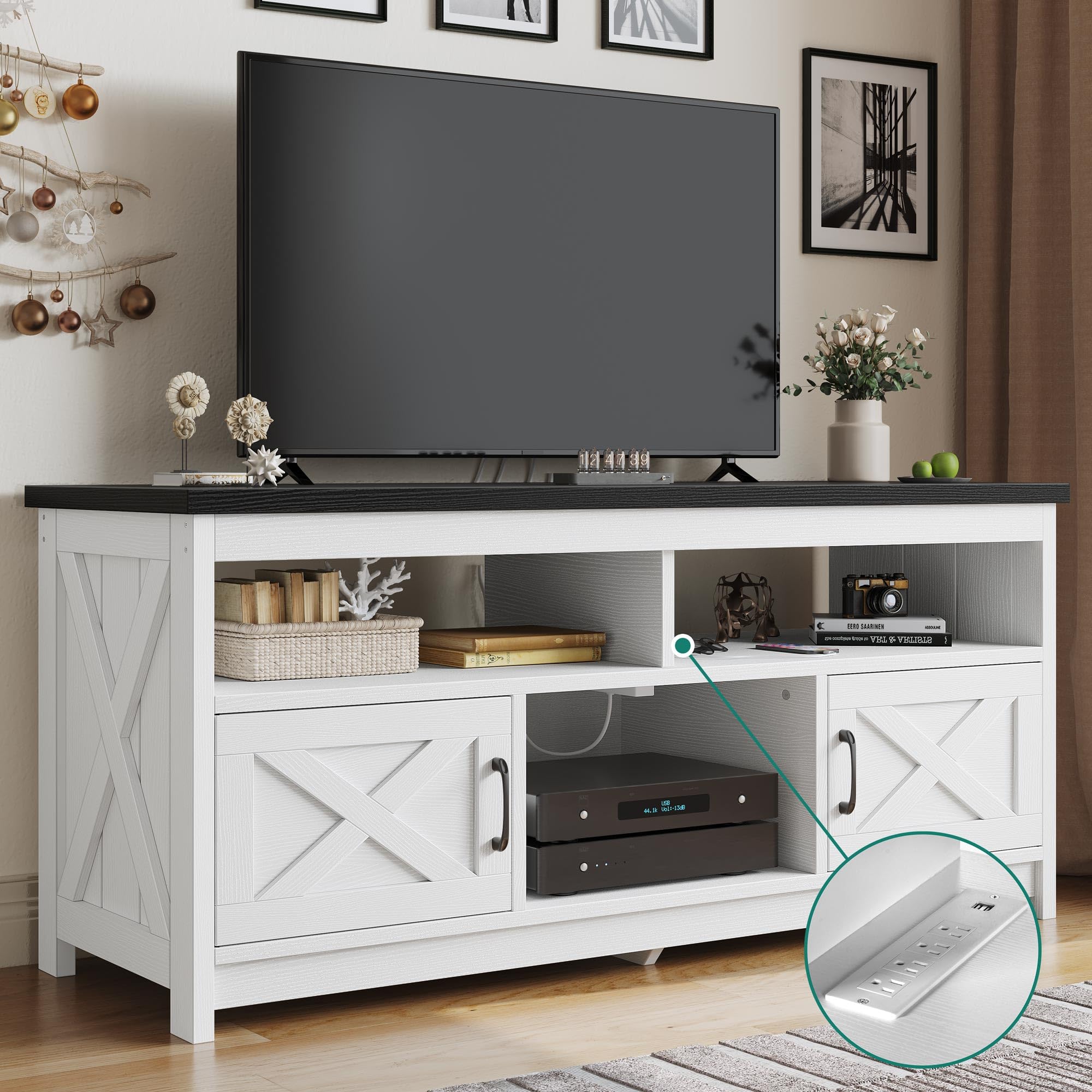 YITAHOME Farmhouse Coffee Table Wooden Cocktail Table,with Cabinets and 2-Tier Storage Open Shelf,Modern Rustic Center Rectangular Tables for Living Room,Home,Office,Living Meeting Room,White & Grey.