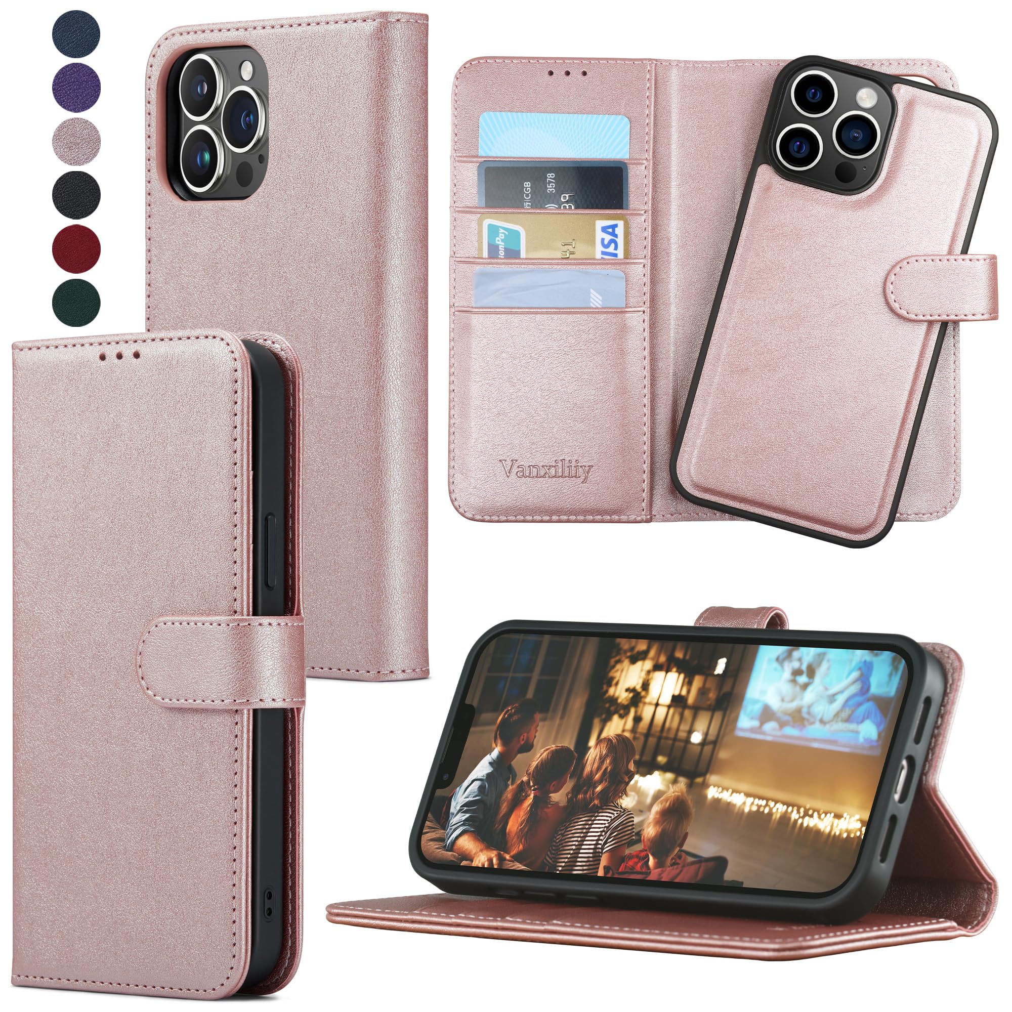 Vanxiliiy iPhone 13 Pro Max Wallet Case【RFID Blocking】 Card Holder PU Leather【Strong Magnetic】 Detachable Phone Cover for iPhone 13 Pro Max, Rose Gold