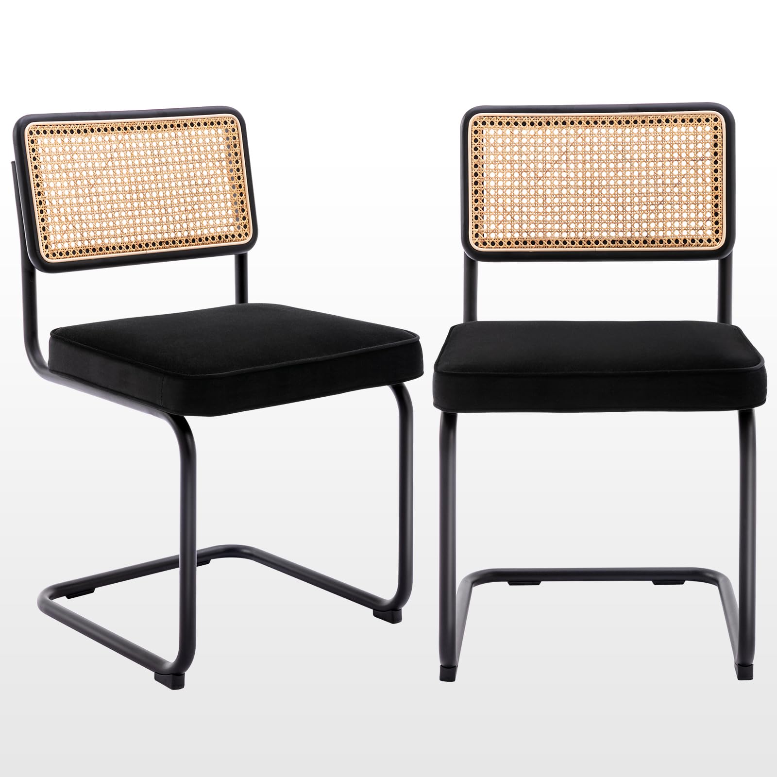 Zesthouse Rattan Dining Chairs Set of 2, Velvet Accent Chairs with Natural Cane Back & Stainless Chrome Base, Modern Mid Century Breuer Designed Chairs, Upholstered Dining Room Kitchen Chairs