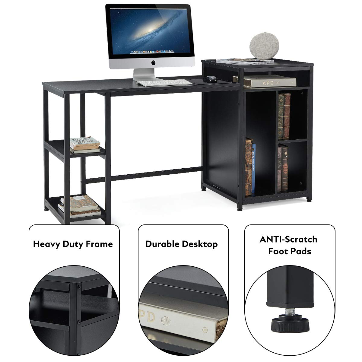 YOLENY Computer Desk with Storage Bookshelves,47 inch Modern Sturdy Writing Desk,PC Table with Space Saving Design,Home Office Desk Workstation for Home Office,Black