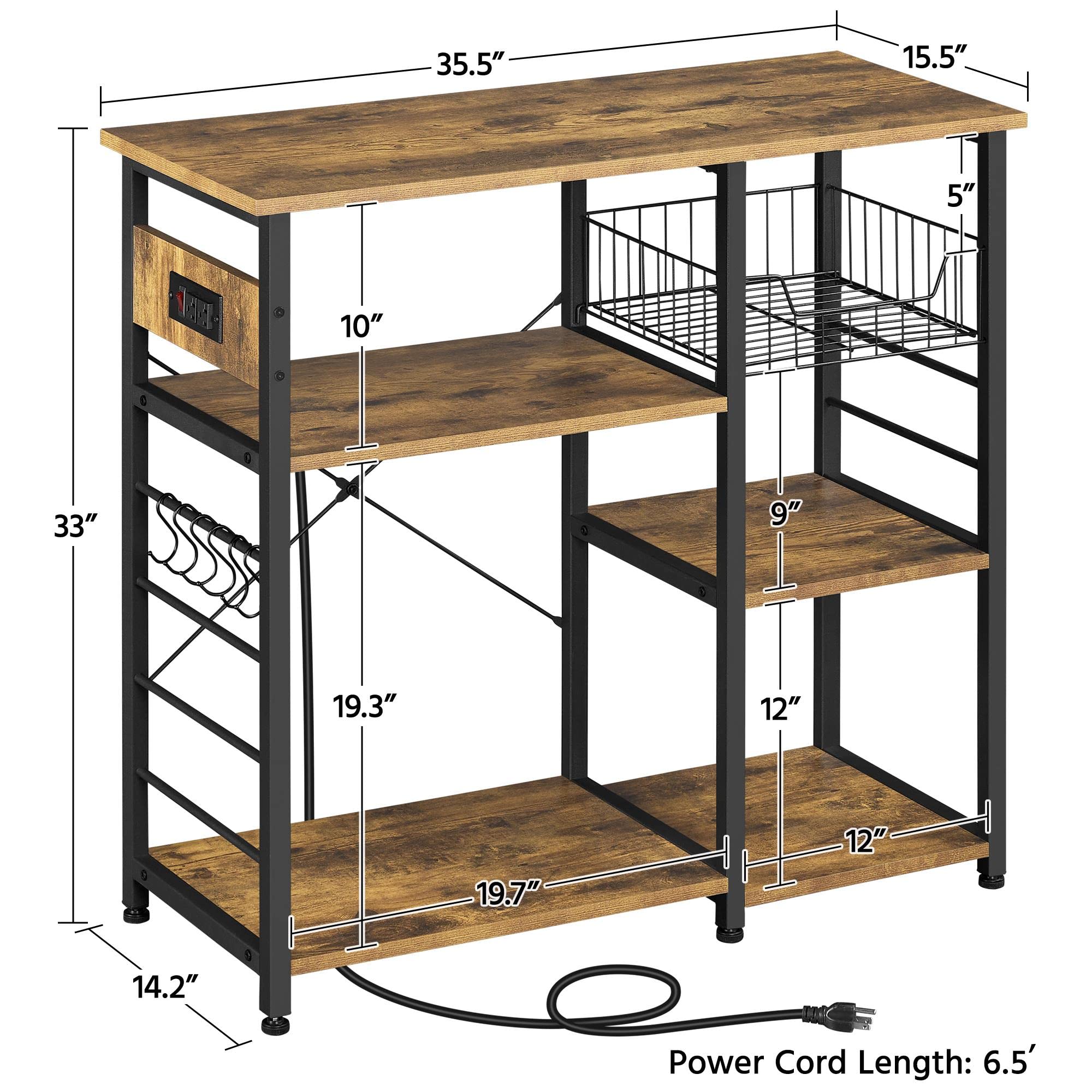 Yaheetech Kitchen Bakers Rack with Power Outlet & Wire Basket, Coffee Bar Microwave Stand with 6 Hooks, Freestanding Storage Shelf for Spices, Pots Pans, Rustic Brown