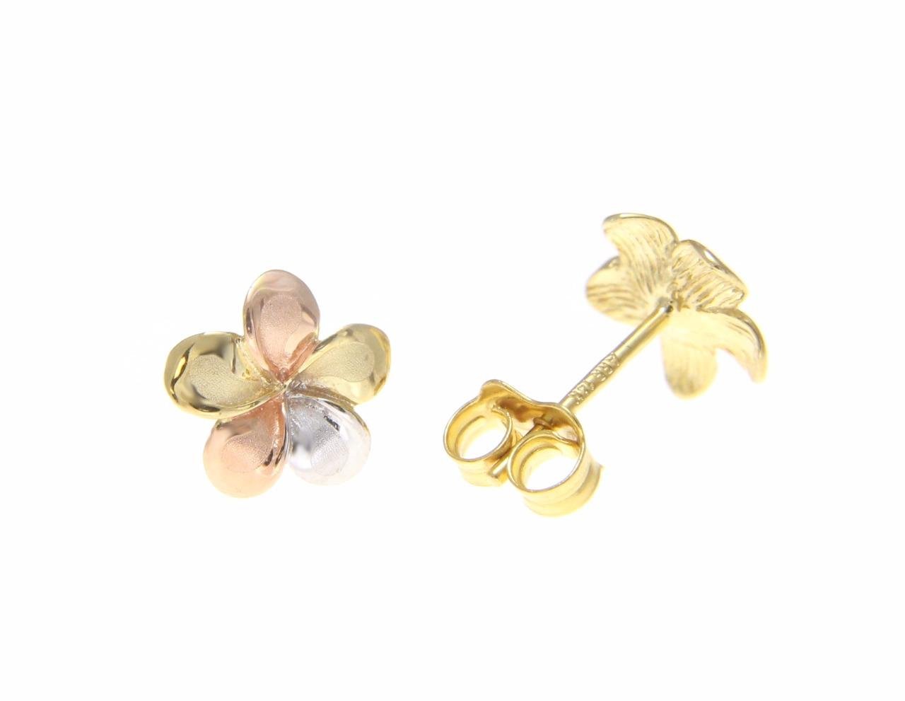 tricolor gold Hawaiian 9mm plumeria flower stud post earrings