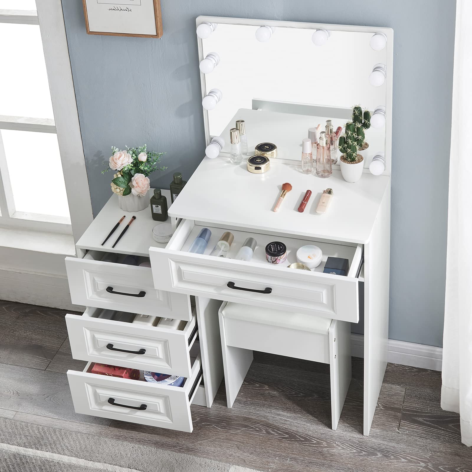 White Vanity Set with 10 LED Lights, Makeup Dressing Table with Light and Mirror, Dresser with 4 Drawers, Storage Shelves, Modern Vanity for Bedroom