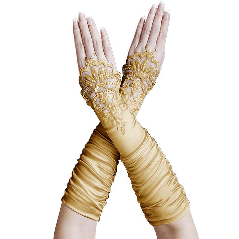 ZaZa Bridal Gathered Satin Fingerless Gloves w/Floral Embroidery Lace & Sequins-Gold