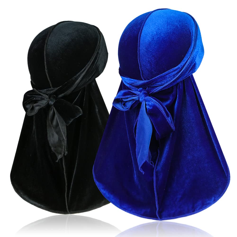 Velvet Men Durag –Premium Durag Cap Headwraps (2PCS) with Extra Long Tail and Wide Straps for 360 Waves