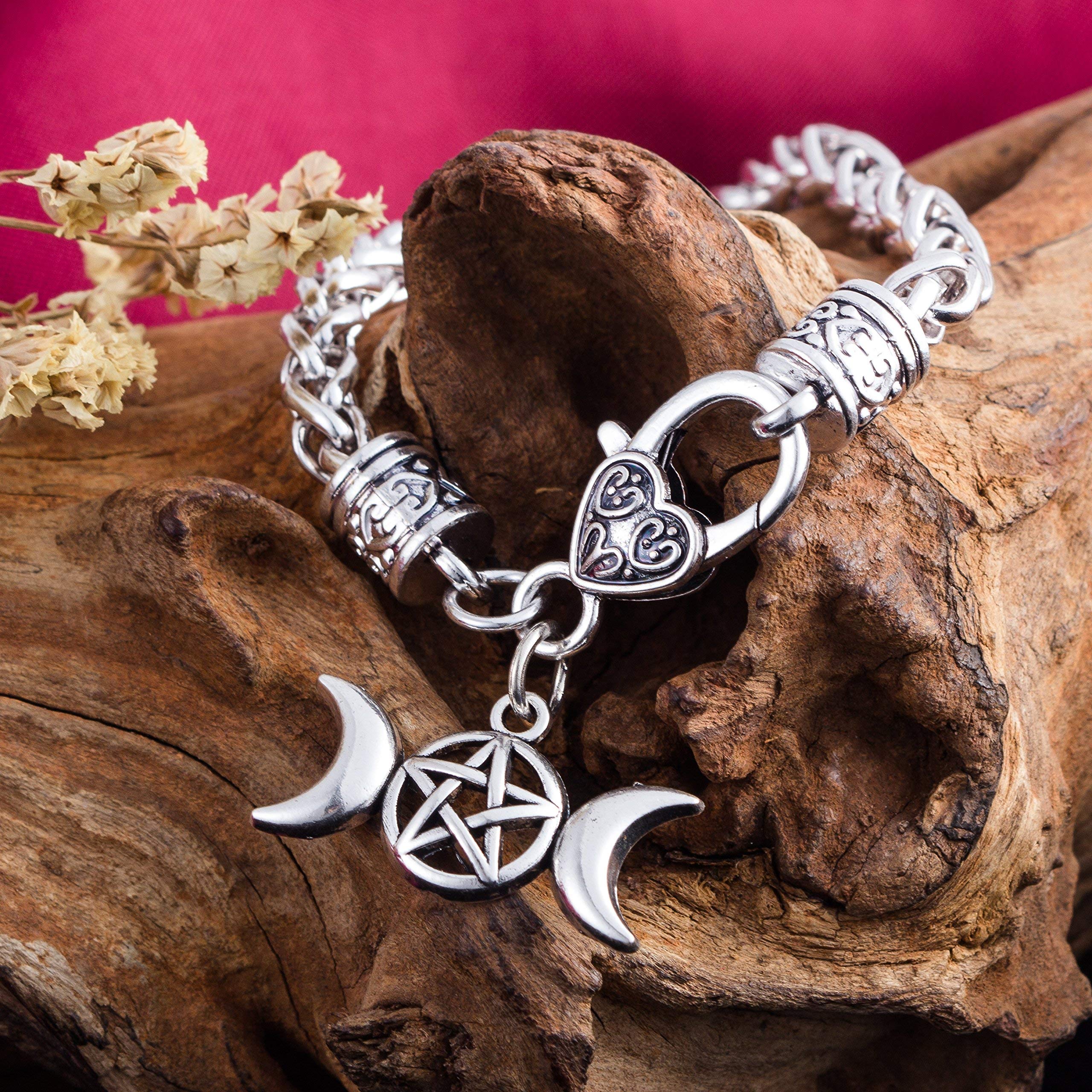 Triple Moon Goddess Amulet Wicca Pentagram Wheat Chain Bracelet for Women Men Pagan Jewelry