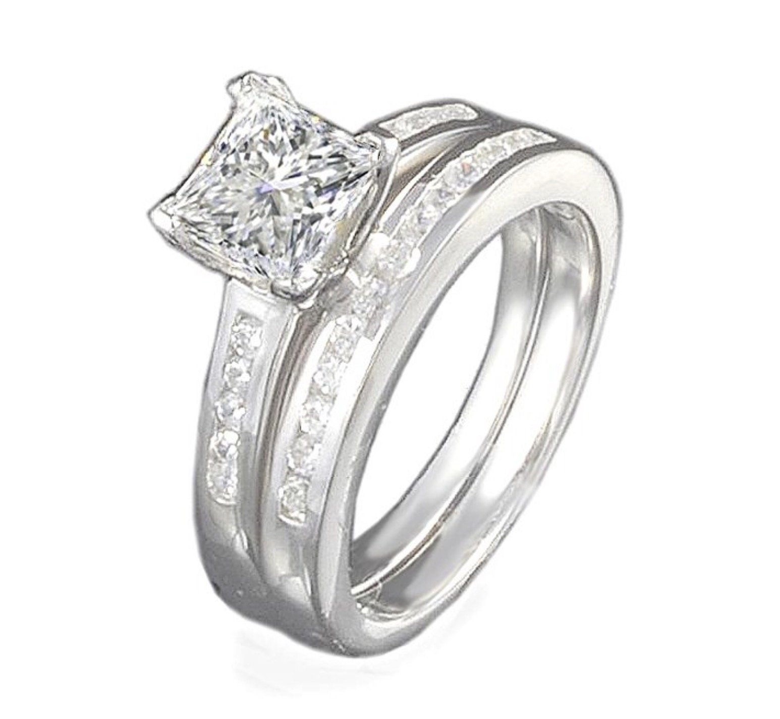 VenetiaDiamond.com REALISTIC TOP GRADE 1 CARAT CONTEMPORARY PRINCESS CUT RING SET 925 SILVER (7)