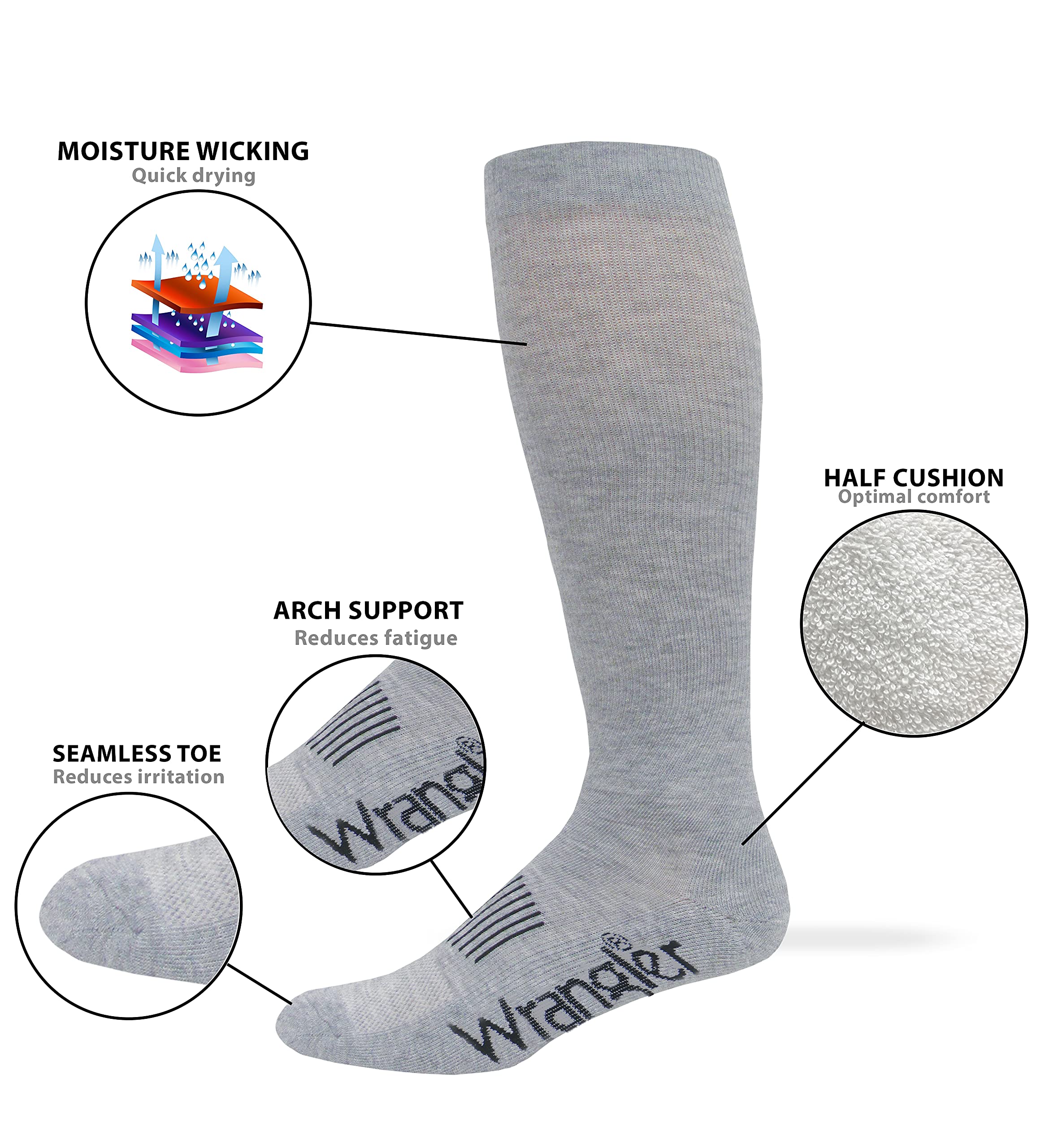 Wrangler Men's Western Boot Socks (Pack of 3),Grey,Sock Size:X-Large(12-15)/Shoe Size: 12-16