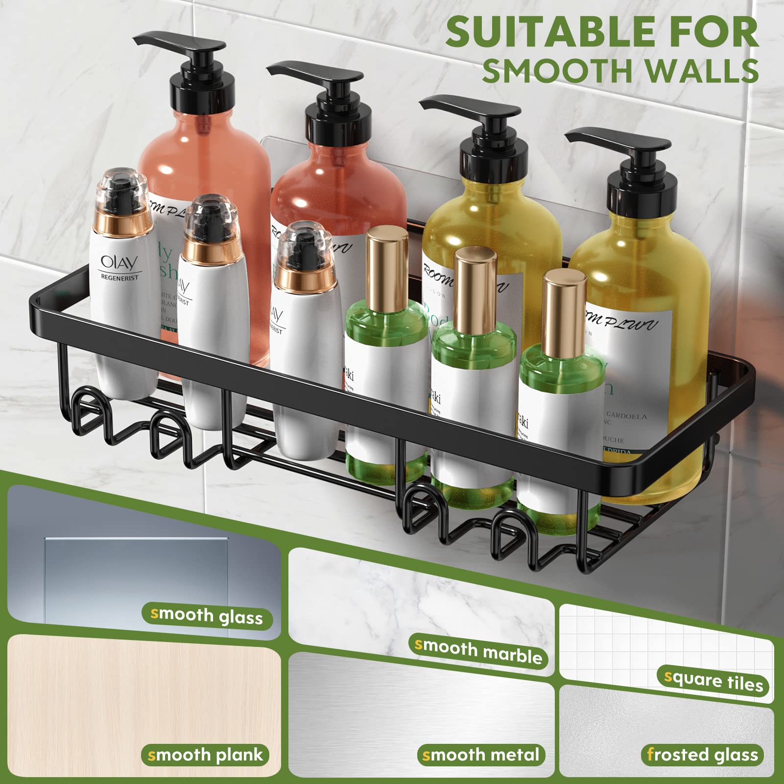 Winproper Shower Caddy 5 Pack,Adhesive Shower Organizer Bathroom with 16 Hooks, Shower Shelves with 2 Soap Holder, No Drilling Stainless Steel Shower Shelf for Inside Shower-Black