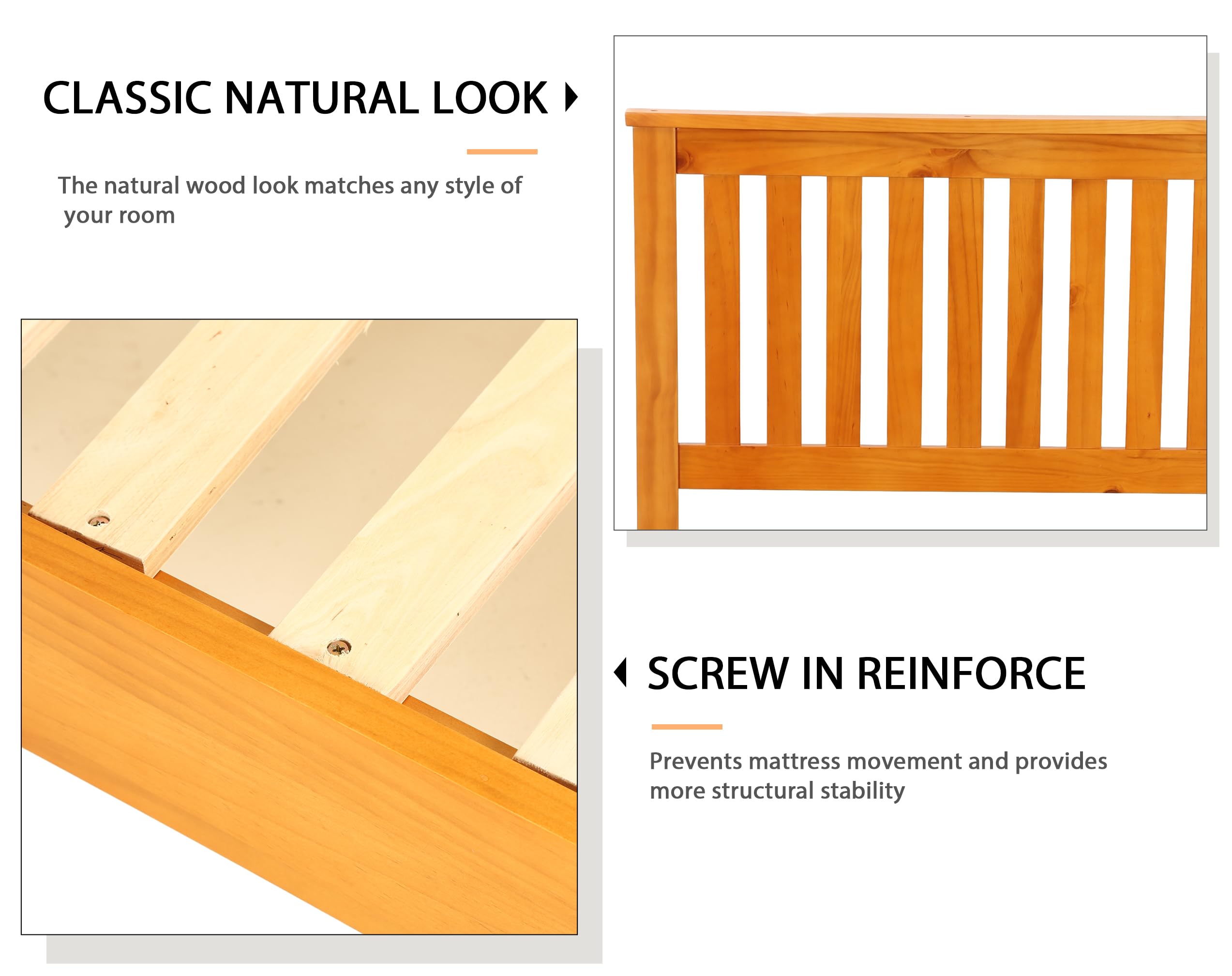 Wood Bed Frame, Wooden Bed Frame with 14 Strong Wooden Slats, King Headboard and Frame with Complete Headboard, Wood Platform Bed, No Box Spring Needed, King Bed Frame Wood with Solid Wood Foundation