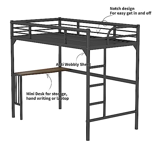 Voohek Twin Size Metal Loft Bed with Desk, Ladder and Guardrails, Bunk Bed Frame for Bedroom, Anti Wobbly Design, Large Weight Capacity, Black