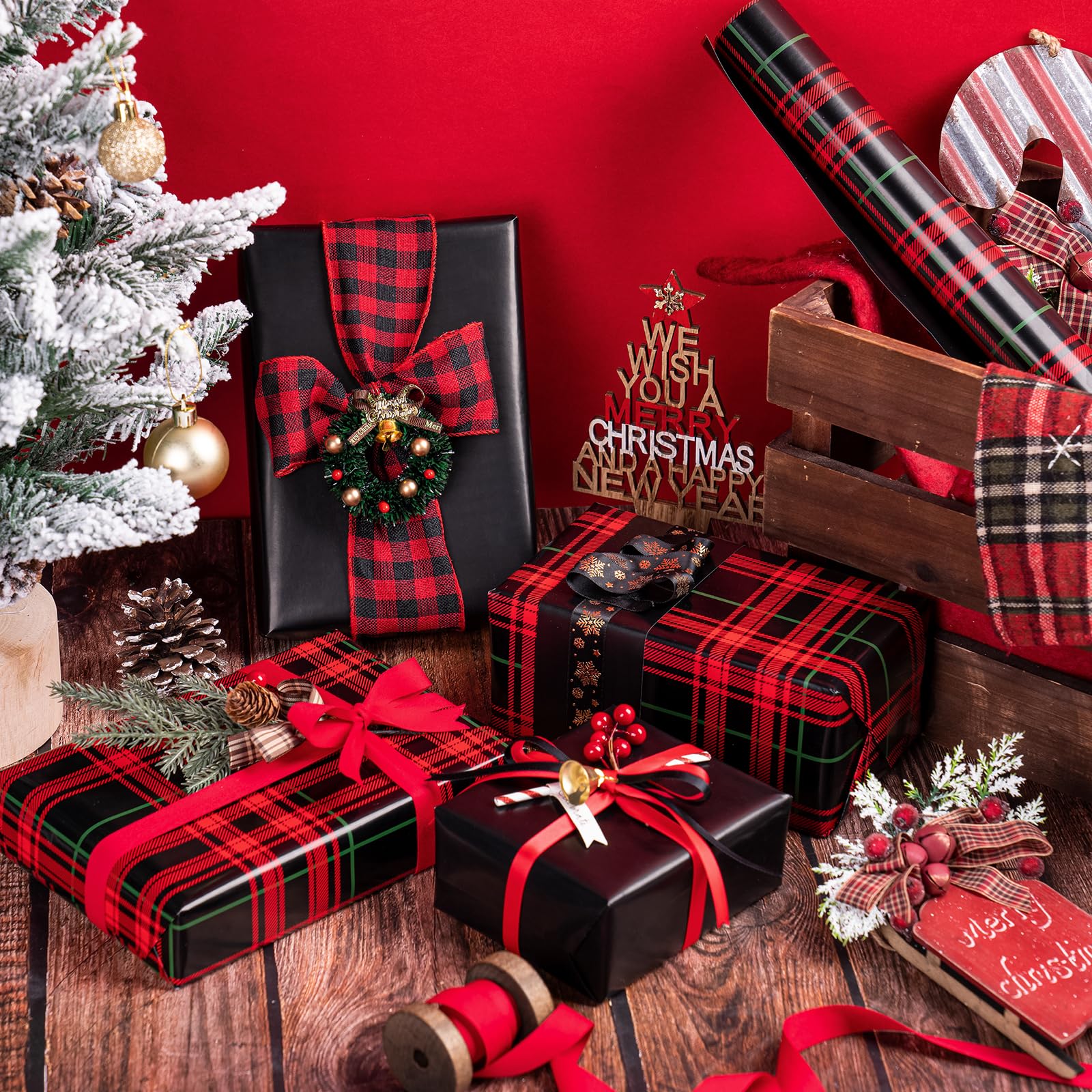 WRAPAHOLIC Reversible Christmas Wrapping Paper - Mini Roll - 17 Inch X 33 Feet - Merry Christmas Lettering and Solid Red Design for Chrsitmas, Holiday, Party Celebration