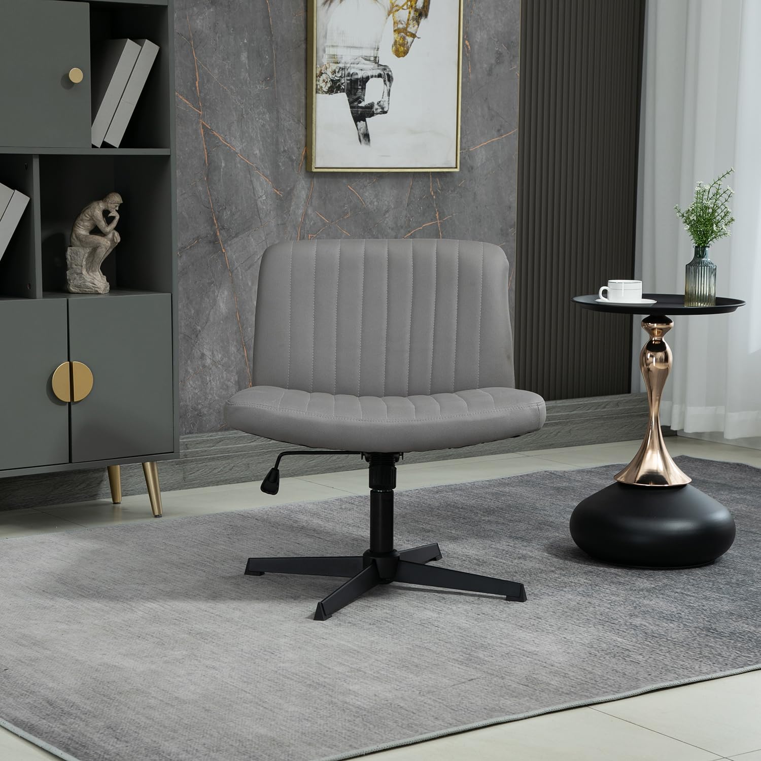 Yeolee Armless Office Desk Chair No Wheels, PU-Padded Vanity Chair with Ergonomic Mid-Back, Comfortable Adjustable Swivel Task Chair with Thickened Cushion for Home, Office (Silver Grey + PU Leather)