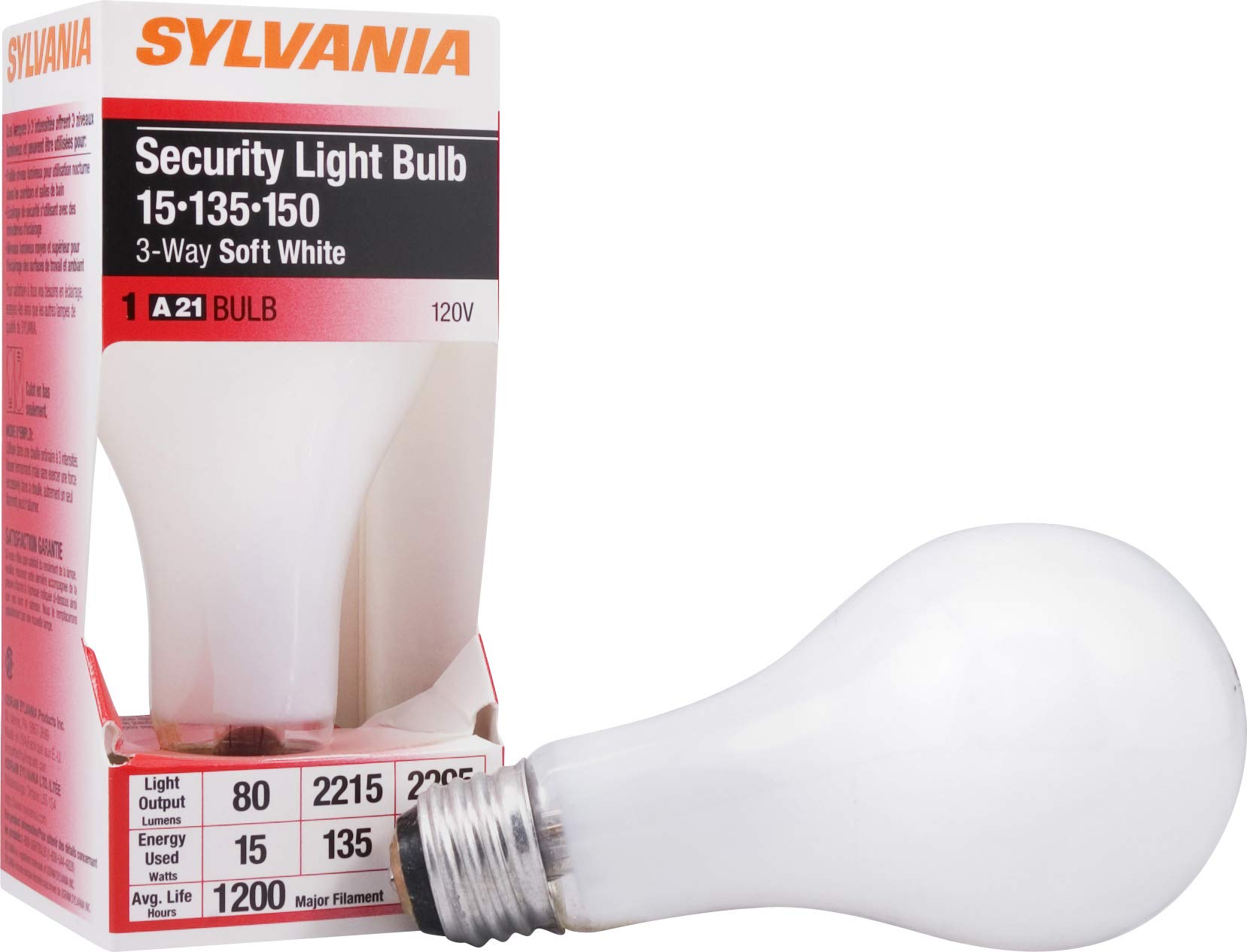 SYLVANIA 15W 3 Way A21 Incandescent Security Light Bulb, 15/135/150W, 2850K, White Finish, Soft White - 1 Pack (18009)