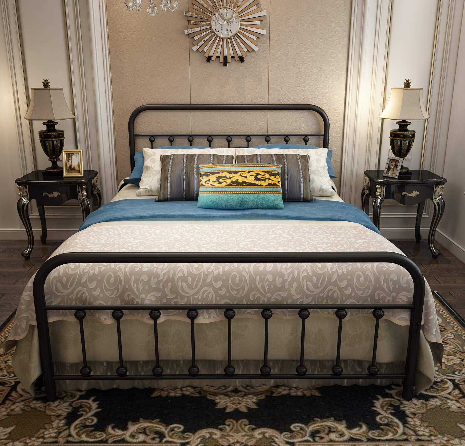 YALAXON Vintage Sturdy Queen Size Metal Bed Frame with Headboard and Footboard Basic Bed Frame No Box Spring Needed, Black