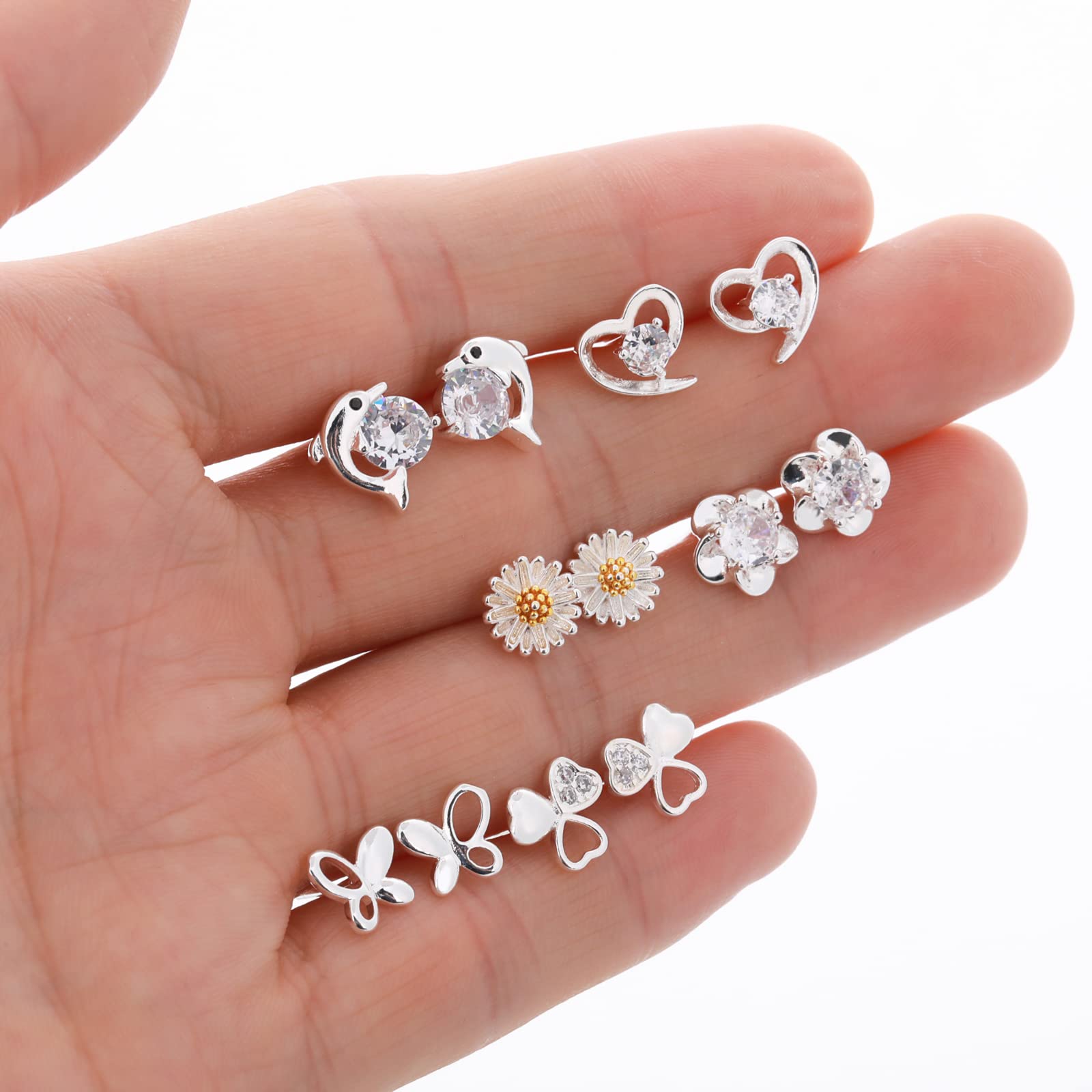 Yolev 6 Pairs Tiny Stud Earrings Set, Rhinestone Stud Earrings Hypoallergenic Heart Butterfly Flower Dolphin Daisy Silver Stud Earrings for Women