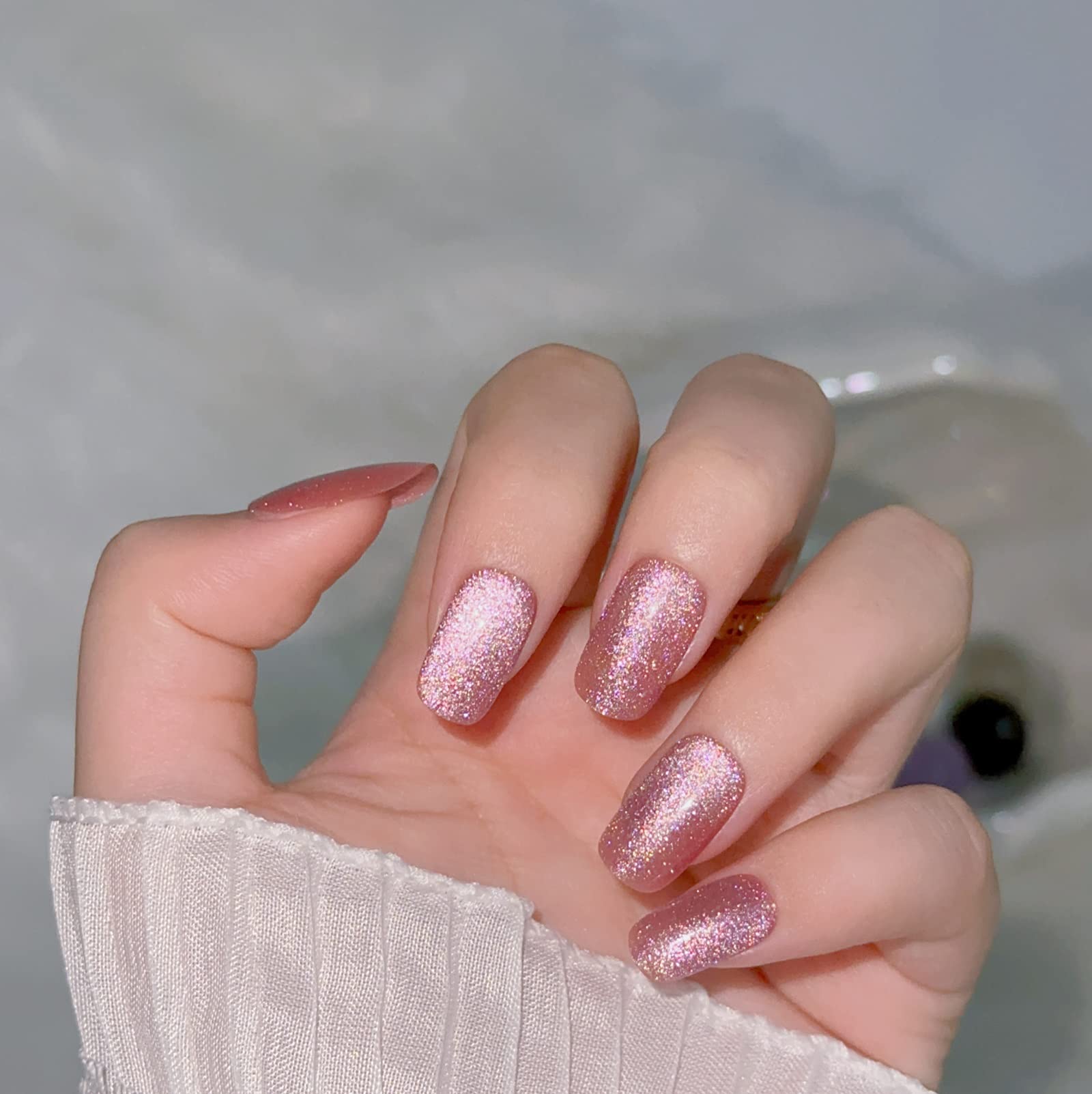 YepDear Fake Nails Medium Square Press On Nails with Glue, Pink Glitter Cat Eye Gel Polished Reusable False Nails