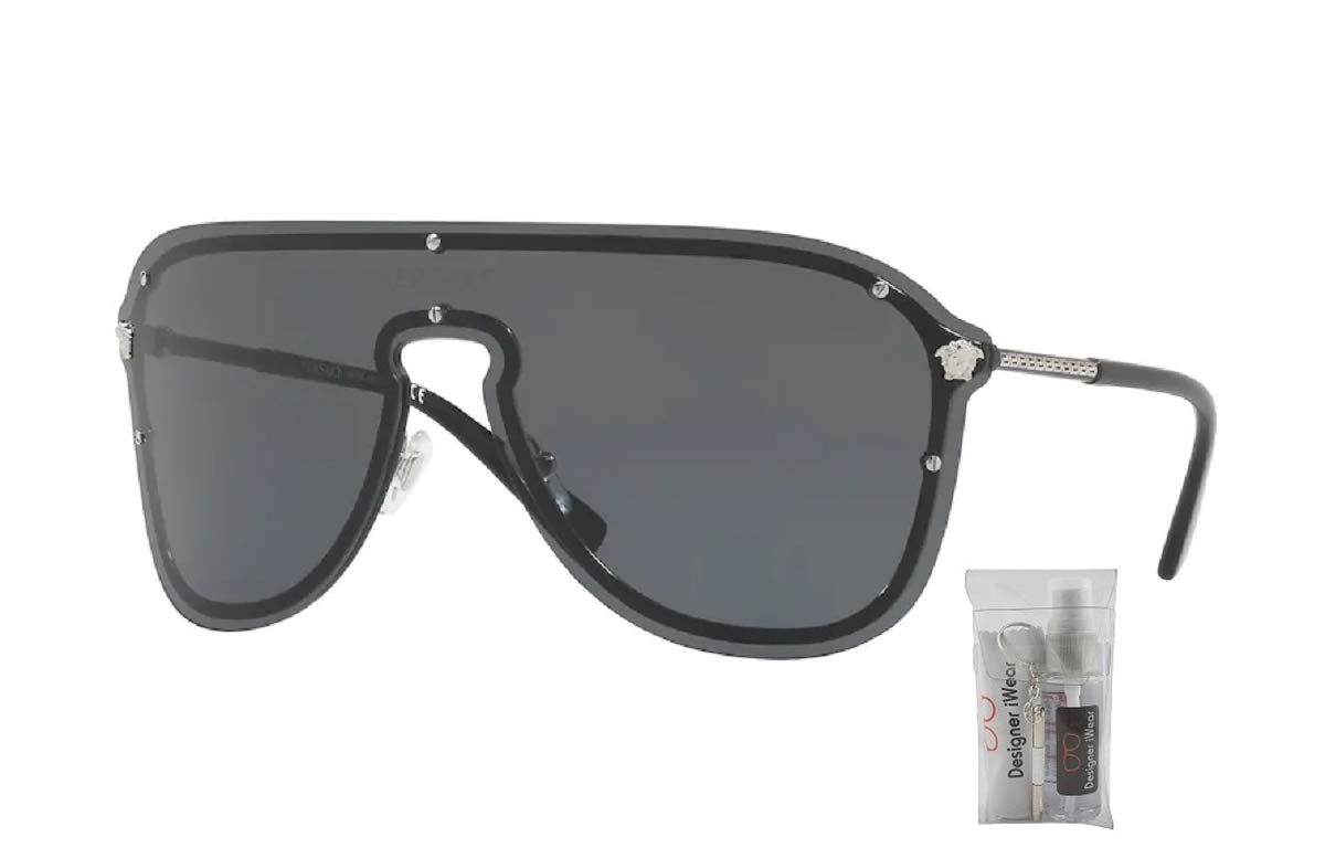 Versace VE2180 100087 44MM Silver/Dark Grey Pilot Sunglasses for Women+ BUNDLE With Designer iWear Eyewear Kit