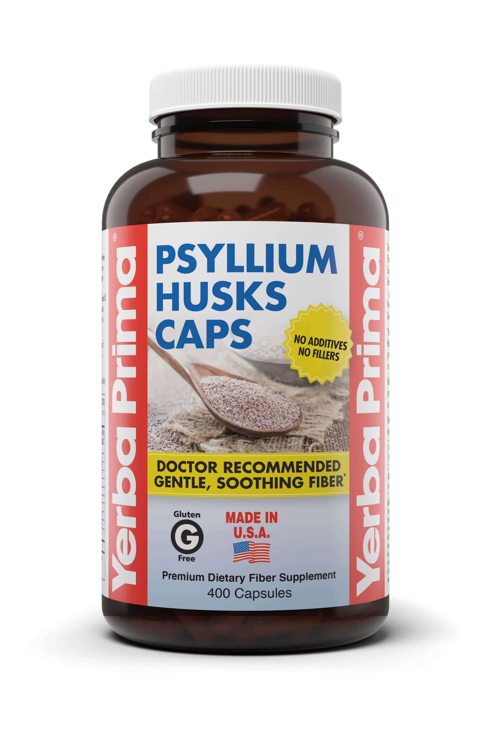 Yerba Prima Psyllium Husks Caps, 625 mg, 400 Capsules - Natural Fiber for Men and Women - Regularity Support Supplement