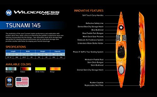 Wilderness Systems Tsunami 145 | Sit Inside Touring Kayak | Multiple Storage Options - Phase 3 Air Pro Seating | 14' 6" | Mango