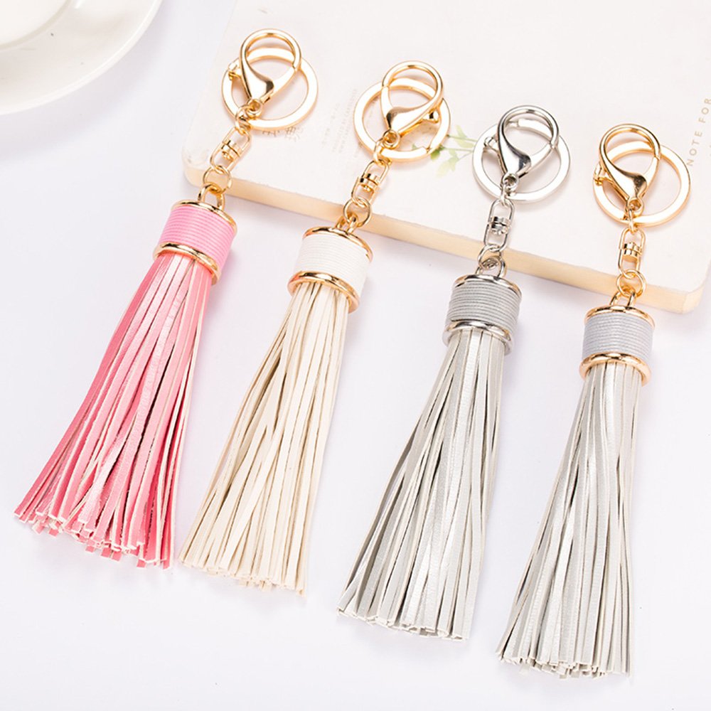 ZOONAI Women Leather Tassels Keychain Car Circle Key Rings Gift Bag Hanging Buckle (Black)
