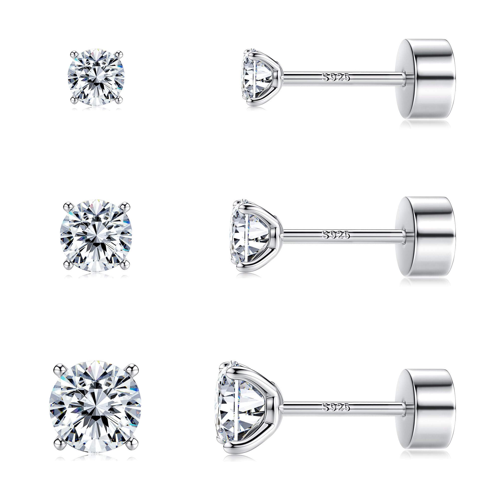 ZELORES 3 Pairs 20G CZ Stud Earrings Flatback 925 Sterling Silver Tragus Cartilage Stud Earrings Set Tiny CZ Stud Flat Back Earrings for Women Men (Silver-2/3/4mm)
