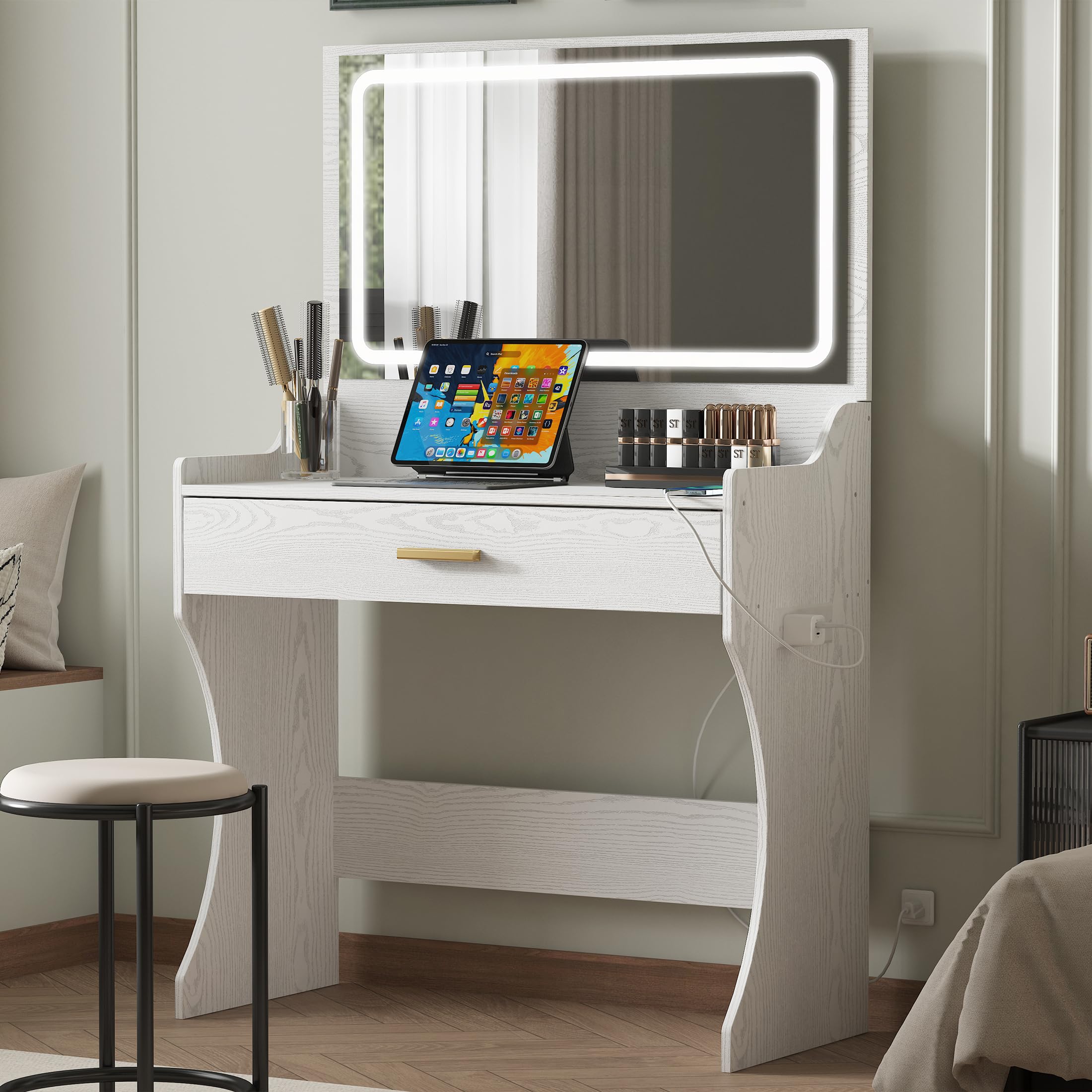 ZOPEND Vanity Desk with Lights and Mirror, Makeup Vanity Table Mirror with 3 Lighting Color Adjustable and Power Strip, Modern Dressing Table with Large Drawer White
