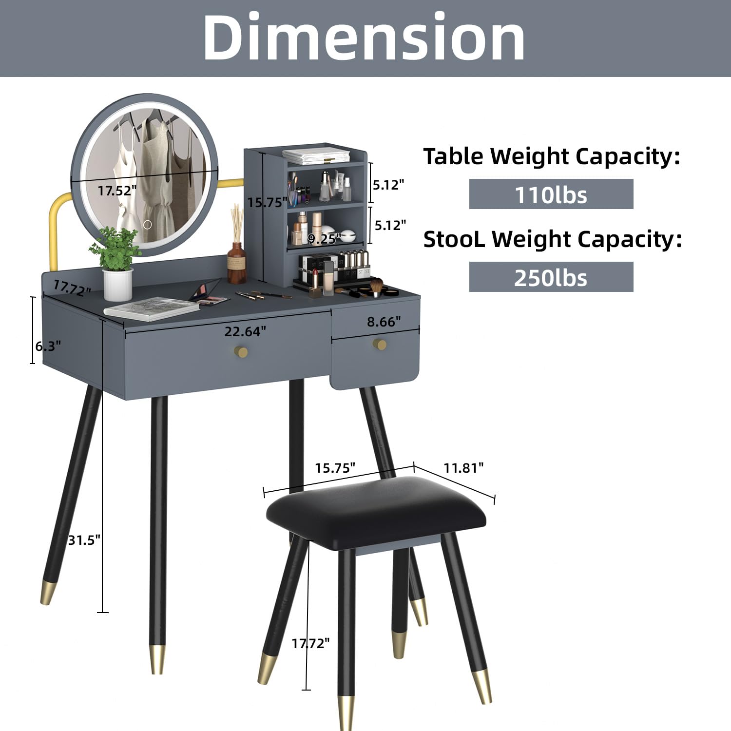 Visiblesser Vanity Desk with Mirror and Lights, 3 Color Lighting Modes Makeup Table Desk with Drawers, Make Up Vanity Table with Touch Screen Dimming Mirror, Vanity Set for Girls and Women