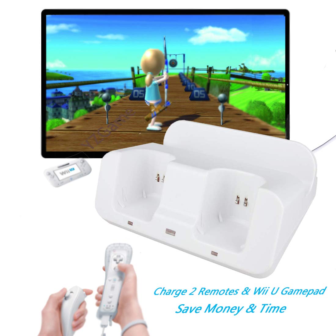 Wii U Charger Dock Station for Wii Remote & Wii U Gamepad with 2 Rechargeable Batteries Charging Cable Led Indicator -White