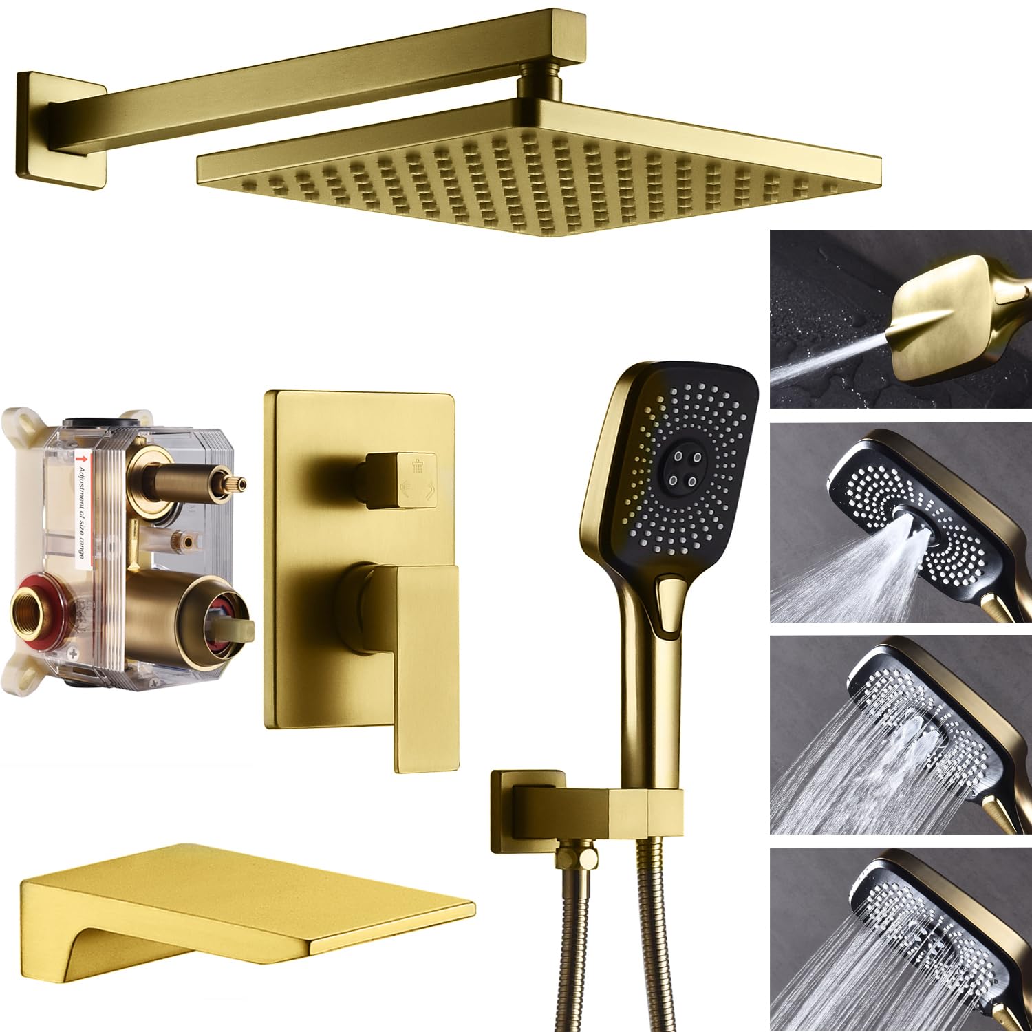 YESIMI Shower System with Tub Spout 10 Inch Overhead Shower 4 Setting Handheld Spray Rough In Pressure Balance Valve Body with Trim Kit Wall Mounted Rainfall Bathtub Shower Faucet Set (Brushed Gold)
