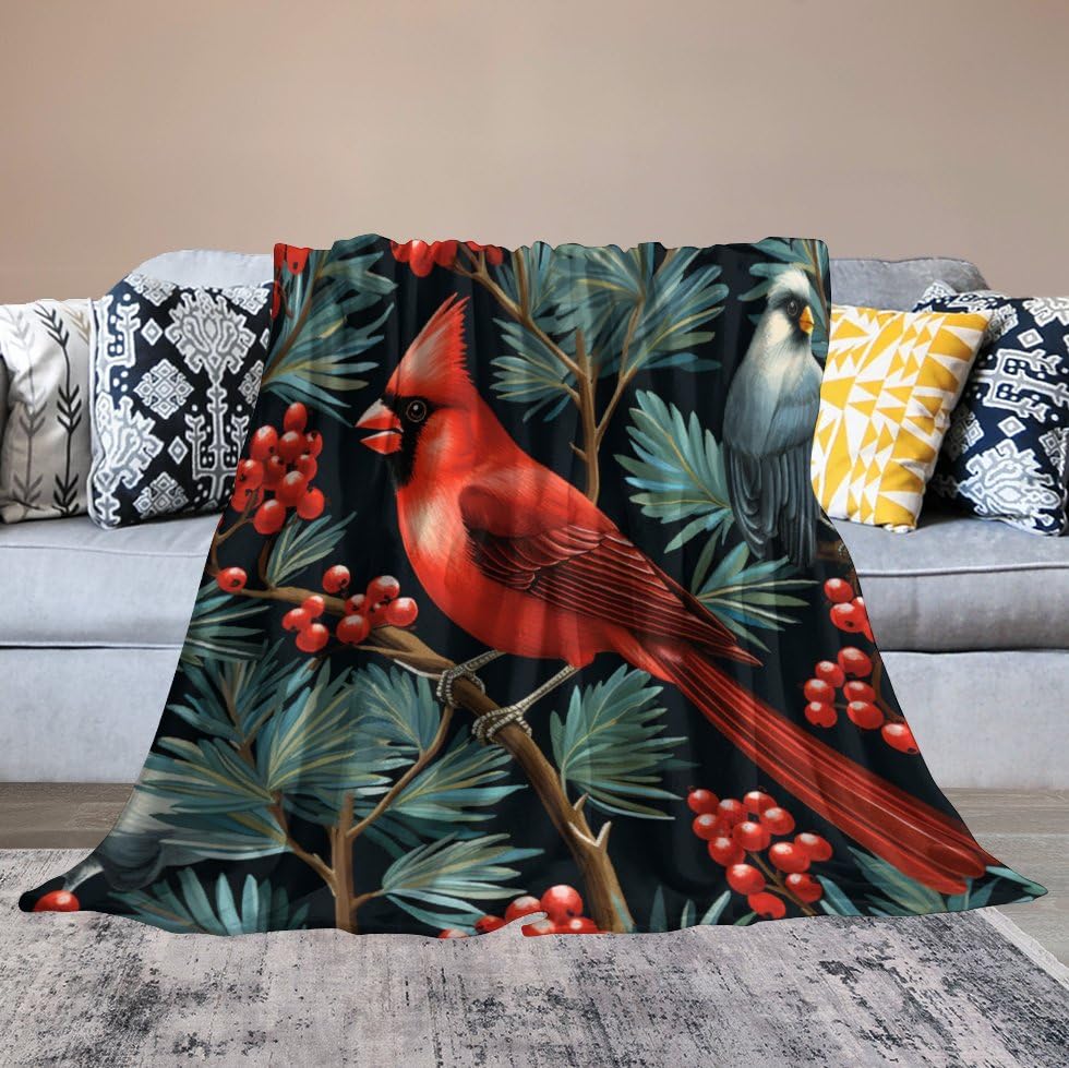 Winter Christmas Cardinal Bird Red Berries Blanket Memorial Christmas Throw Blankets for Bed 40"x50" Soft Cozy Microfiber Throw Blanket for Couch Sofa Bed for Girls Birthday Valentines Gifts