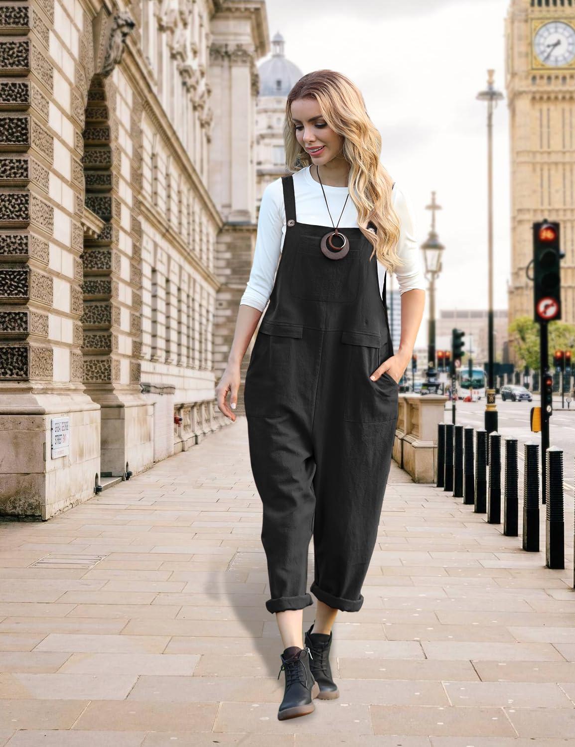 YESNO Women Long Casual Loose Bib Pants Overalls Baggy Rompers Jumpsuits with Pockets (XL PV9 Black)