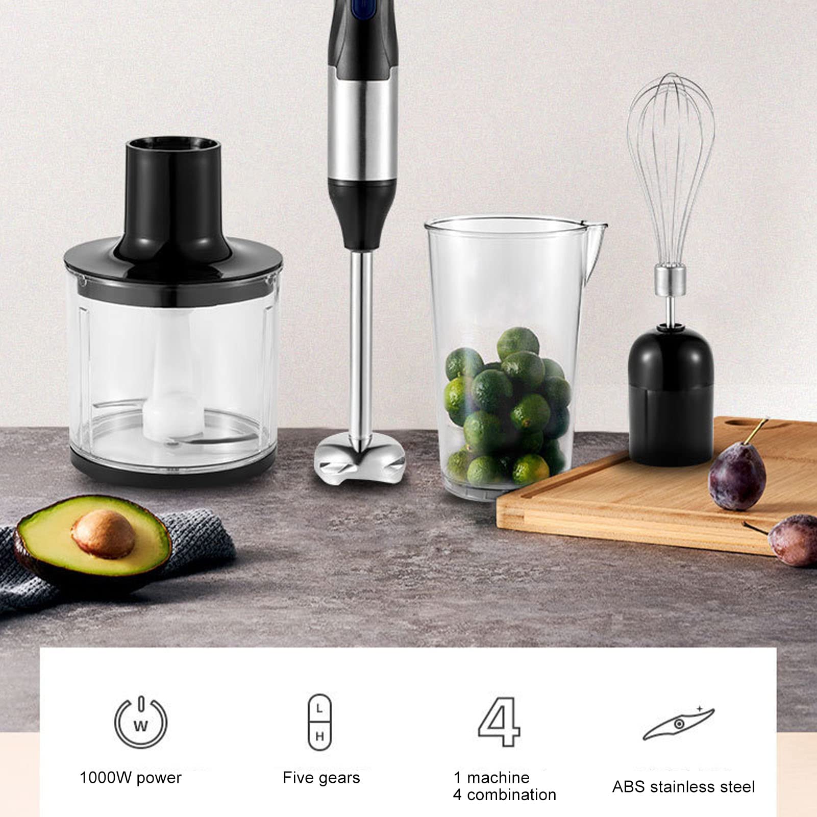 VTOSEN 4 In 1 Multifunctional Hand Blender Stainless Steel Food Processor with Mixing Cup, Meat Grinding Bowl, and US Plug 110V, Versatile Handheld Blender