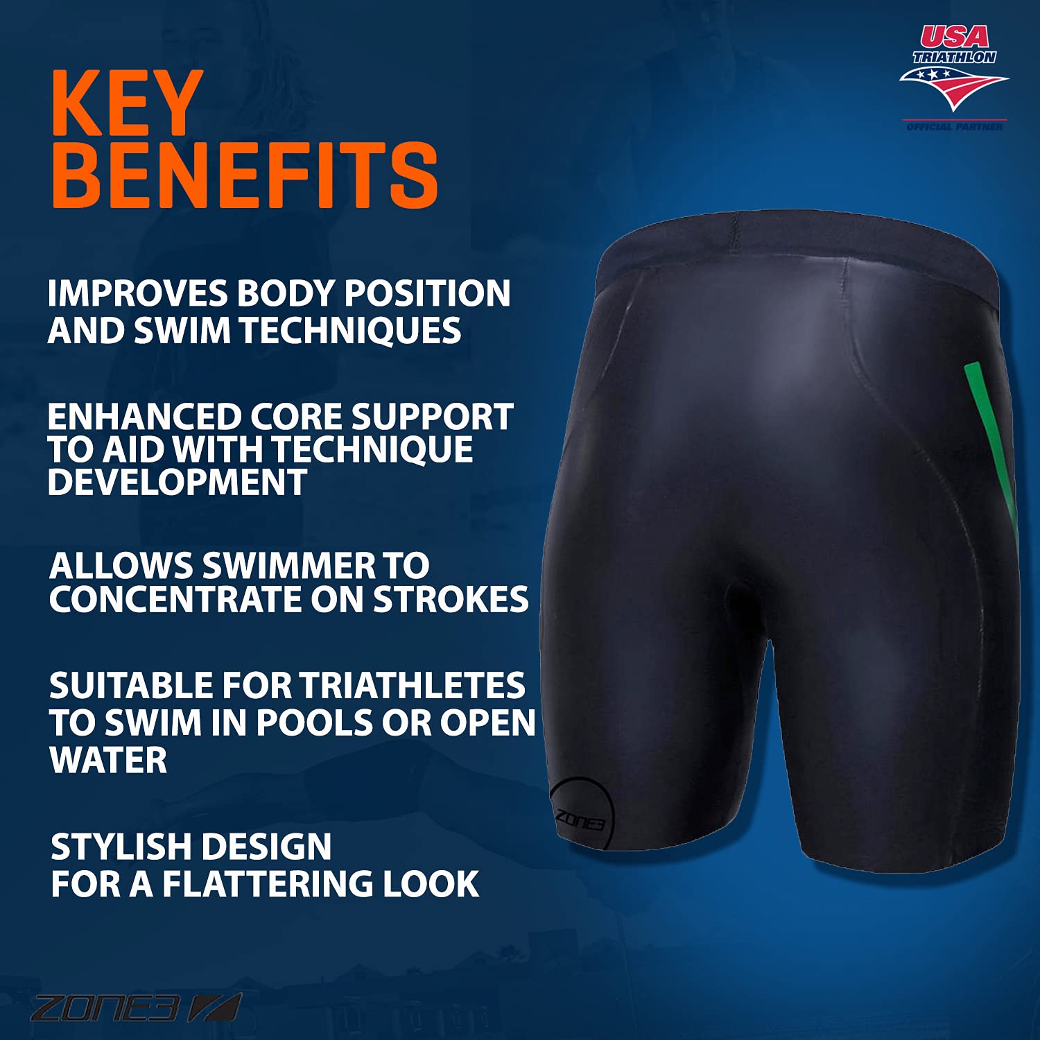 Zone3 Neoprene Buoyancy Shorts 'The Next Step' 3/2mm (Black/Green, Small