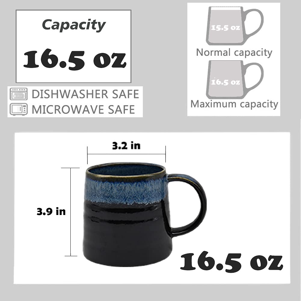 wewlink Large Ceramic Coffee Mug, Pottery Mug,Tea Cup for Office and Home,Handmade Pottery Coffee Mugs,16.5 Oz,Dishwasher and Microwave Safe,kiln altered glaze craft (Sky Blue)