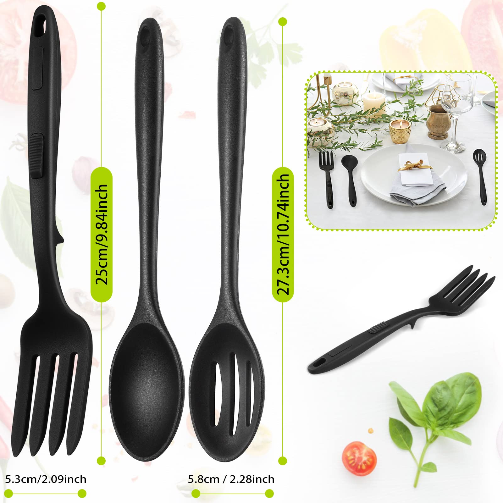 Yetene 3 Pcs Silicone Flexible Cooking Fork and Spoon Set with Long Handle for Cooking Heat Resistant Kitchen Non Stick Mixing Serving Spoons Mixes Ingredients Mashes Food Whisk, Black