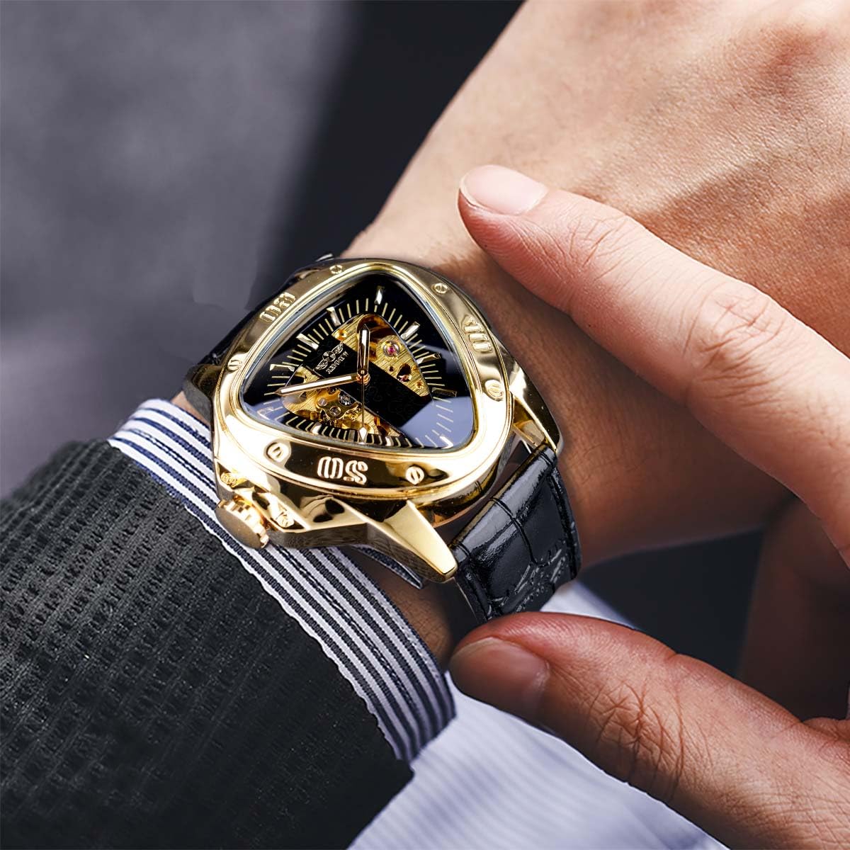 Winner Fashion Mechanical Wrist Watch Triangle Racing Dial, Waterproof Golden Skeleton Dial Automatic Movement Leather Design Mechanical Watch for Men