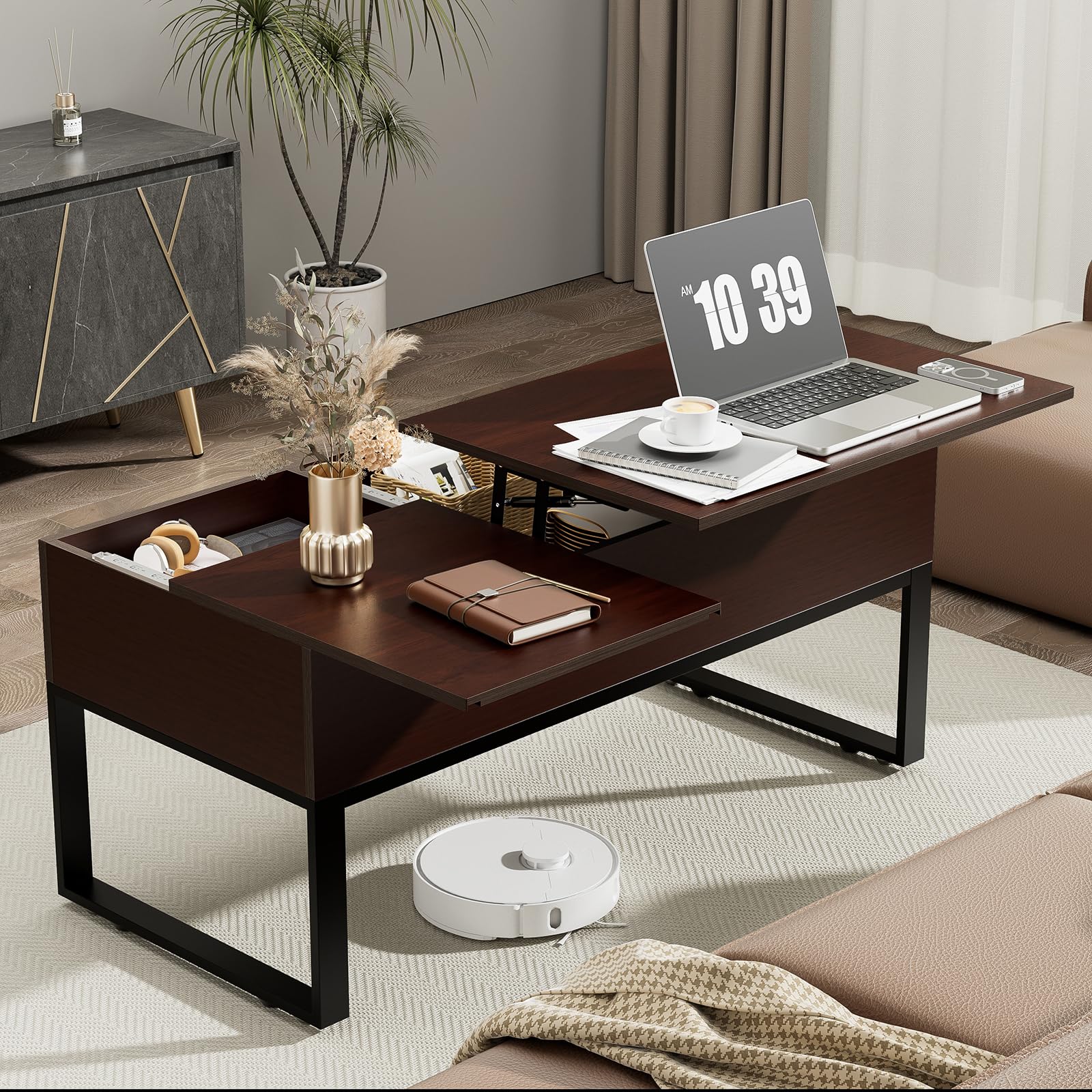 VEELOK Lift Top Coffee Table for Living Room with Hidden Storage Compartment on Rolling Wheels, 3-Way Slide Desktop Drawer Modern Coffee Tables, 43.3" Wood Coffee Table, 440lbs Max Weight, Espresso