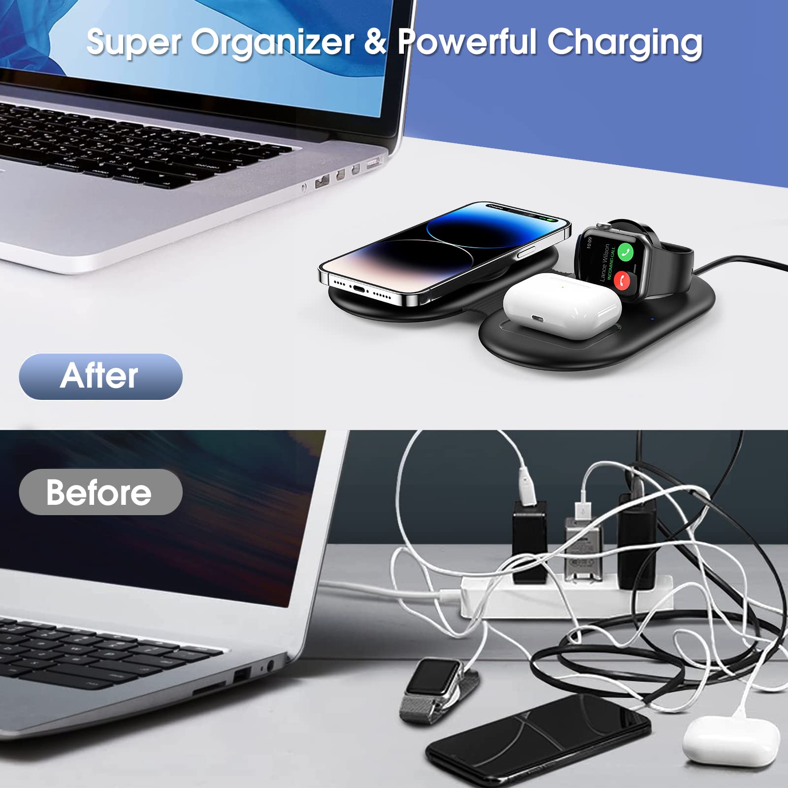 Wireless Charging Station, Folding Magnetic Travel Wireless Charger Pad for Apple, Fast Charging Station for iPhone 15/14/13/Pro Max, Compatible with Apple Watch Ultra/9/8/7 AirPods 3/Pro, Charger-Pad