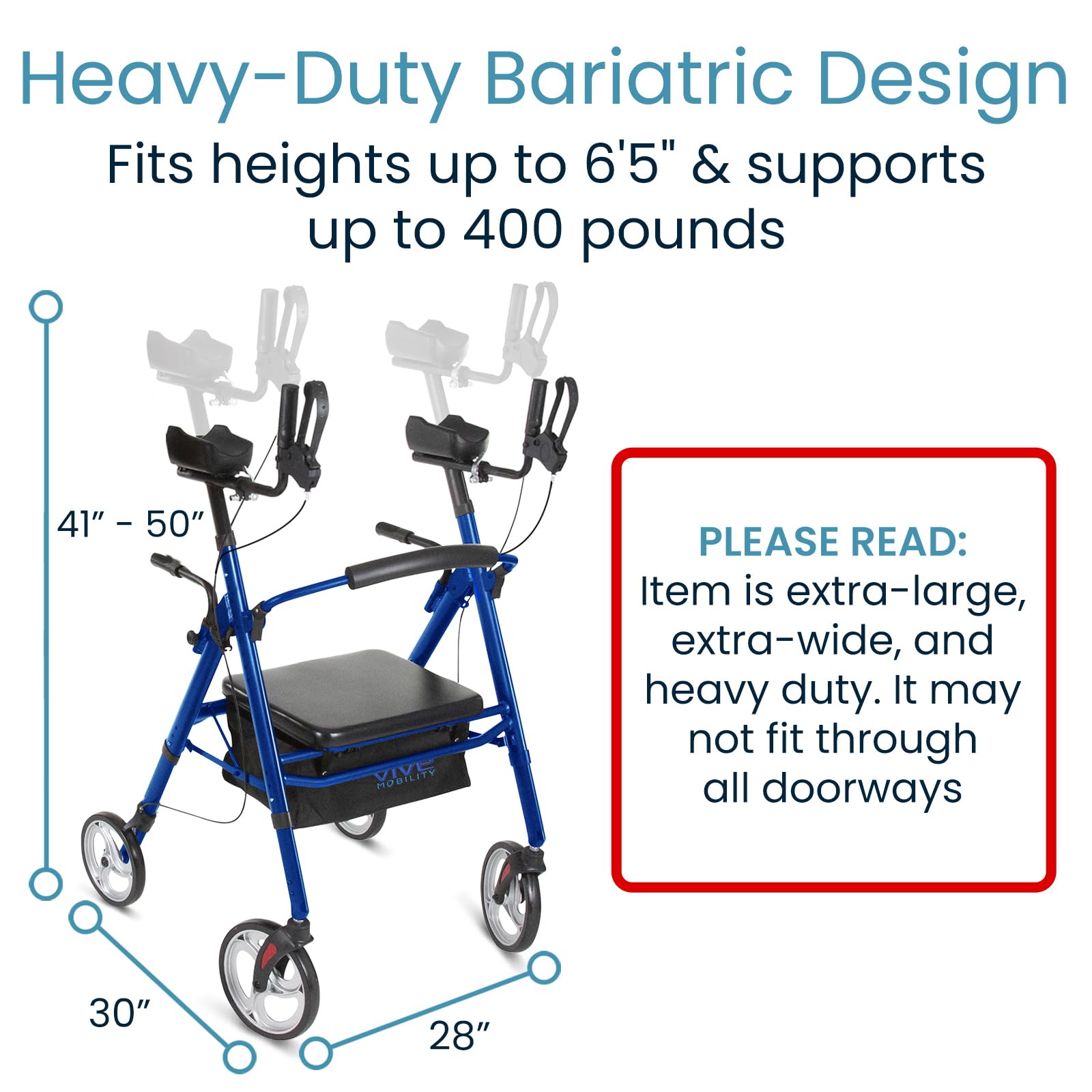 Vive Bariatric Upright Walker with Seat - Heavy Duty Senior Stand Up Rollator, Extra Wide Frame - Padded Armrest & Backrest -Mobility Aid Portable Rolling Walker with Bag - Fits Tall & Large People