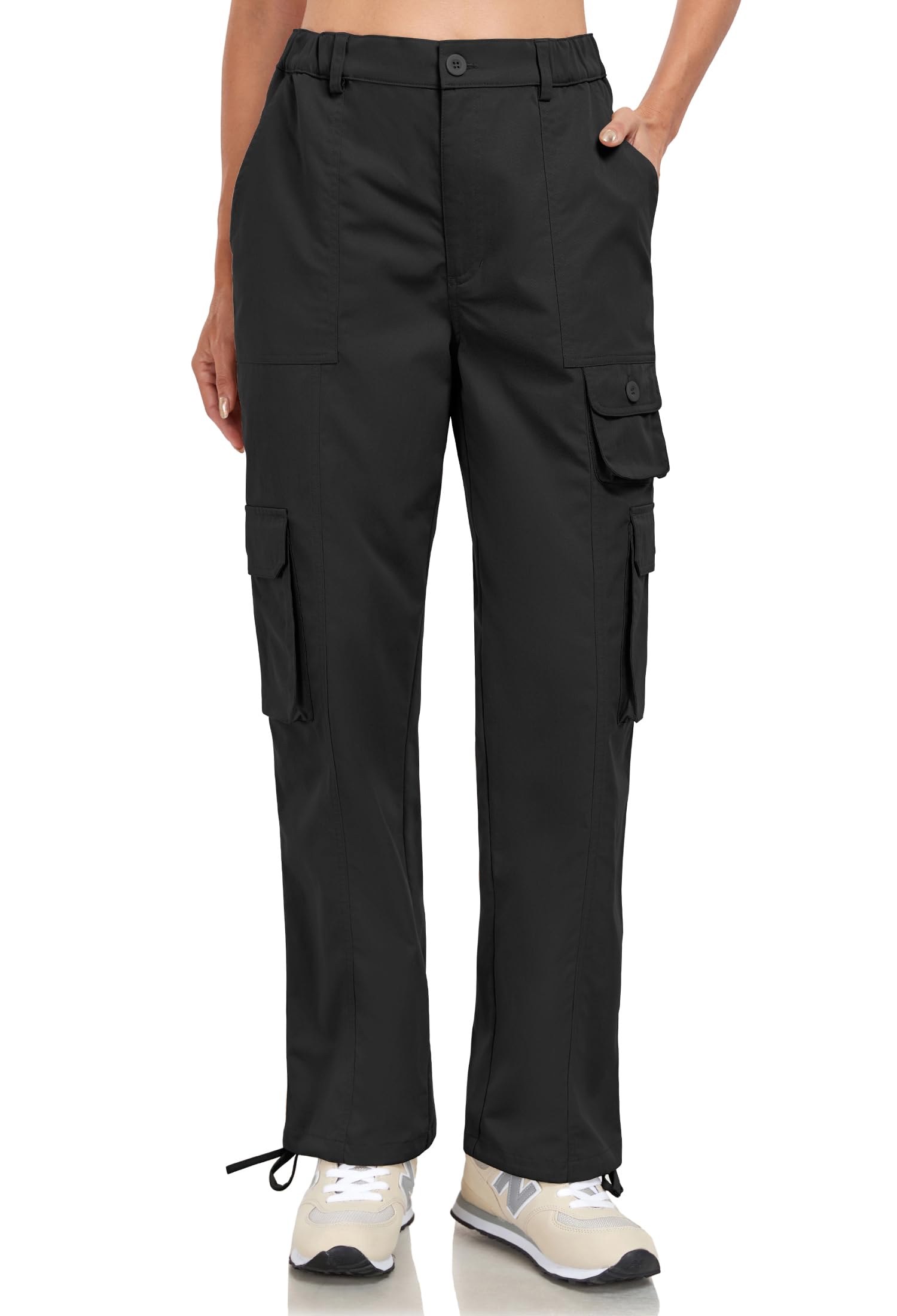 VEOBIKE Women’s Cargo Work Pants Elastic Waist Straight Leg Baggy Casual Hiking Pants Cotton Military Pants 7 Pockets Black