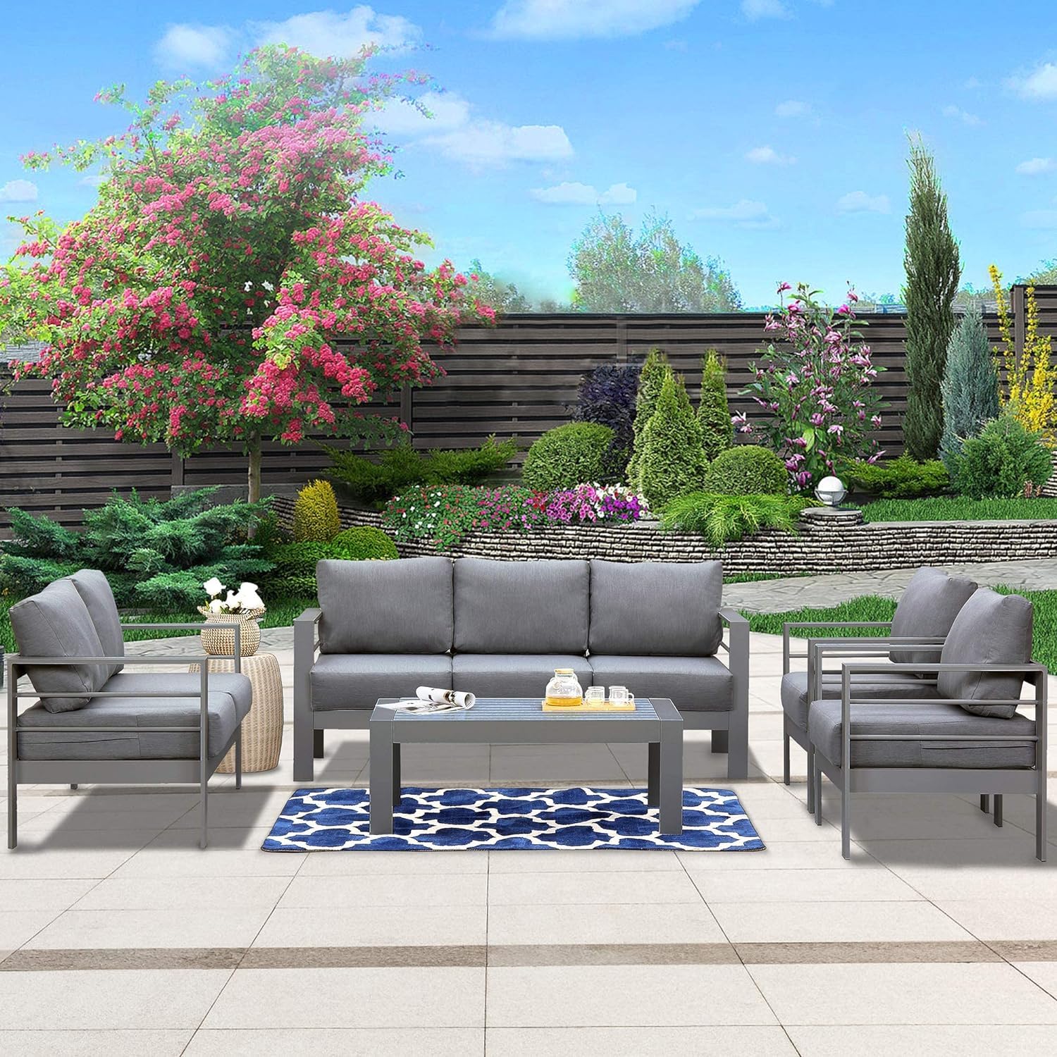 Wisteria Lane Aluminum Outdoor Patio Furniture Set, Modern Patio Conversation Sets, Outdoor Sectional Metal Sofa with 5 Inch Cushion and Coffee Table for Balcony, Garden, Dark Grey