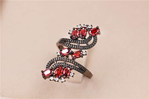 Uloveido Black Plated Wide Flower Ring with Red CZ Stones Created Ruby Diamond Unique Wedding Engagement Promise Jewelry (Red, Size 8) J656