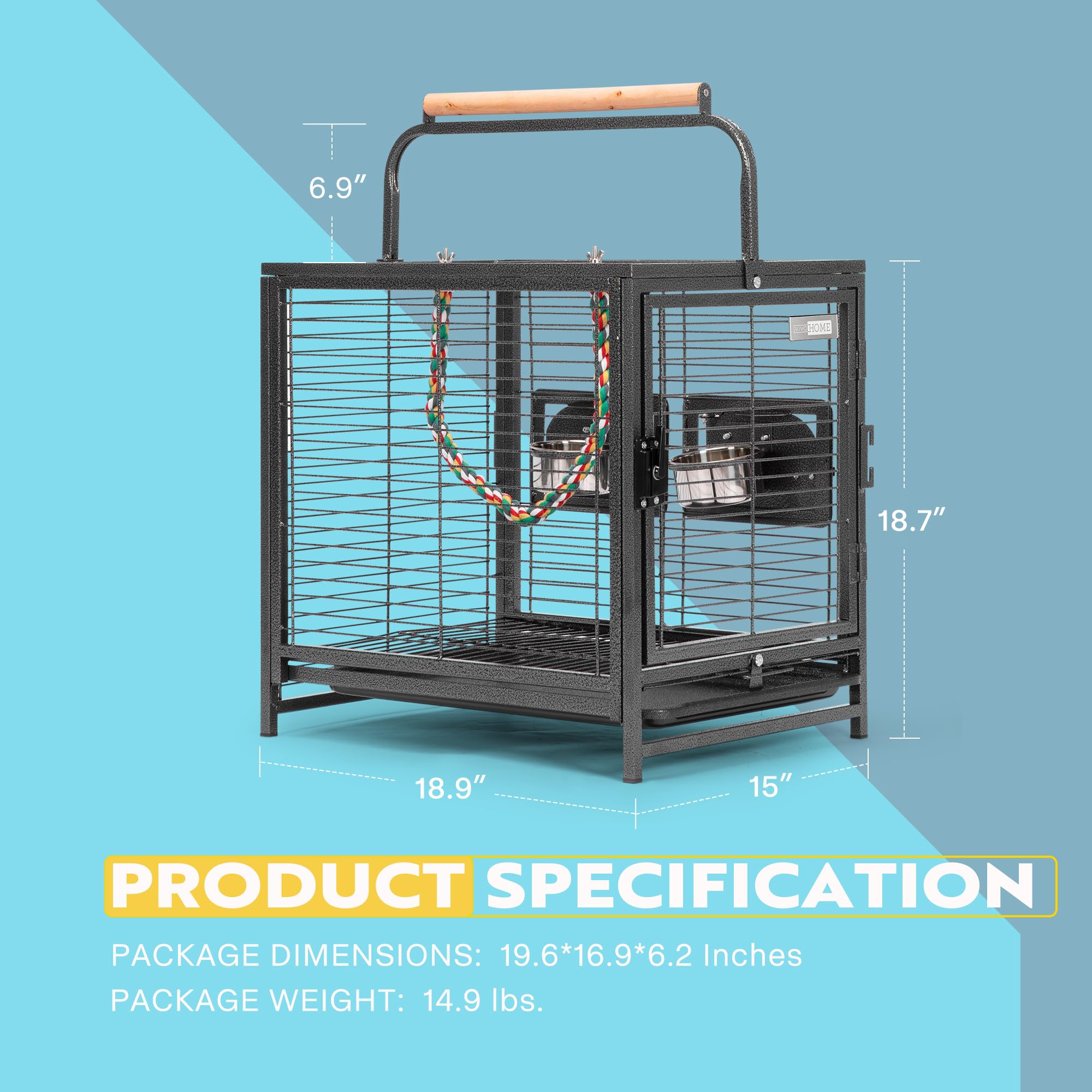 VIVOHOME 19 Inch Wrought Iron Bird Travel Carrier Cage for Parrots Conures Lovebird Cockatiel Parakeets White