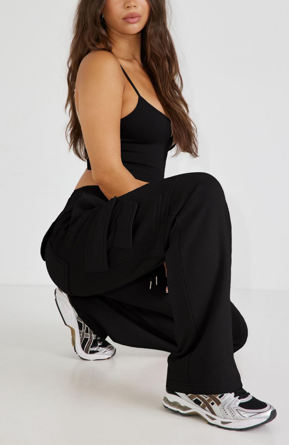 Waitfairy Womens Cargo Sweatpants Casual Baggy High Waisted Joggers Pants Fleece Sweat Pants with Pocket Black M
