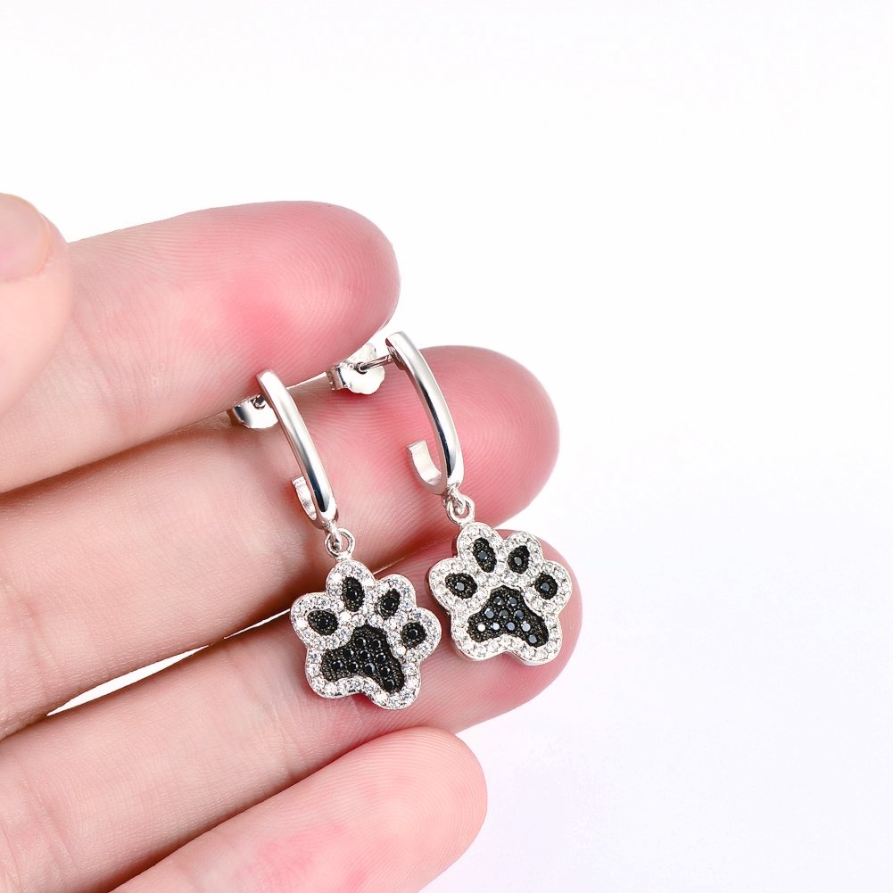YFN Women Ladies Jewelry 925 Sterling Silver Two-tone Pet Puppy Paw Drop &Dangle Earrings Paw earring Dog Stud Earrings (Dangle Black)