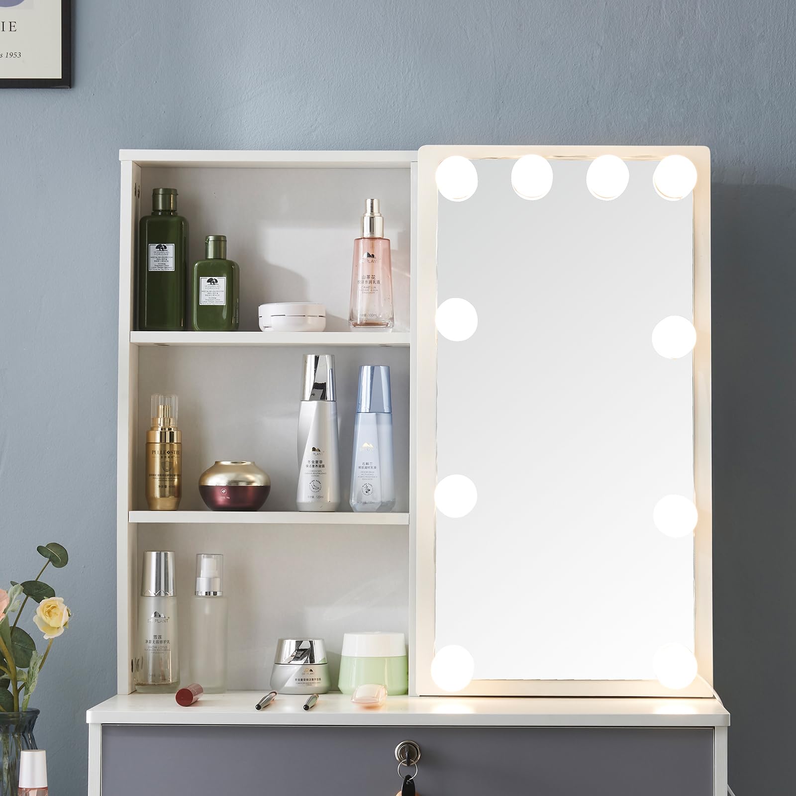 White Vanity with Lights and Mirror, Vanity Set Dressing Table with Drawers and Stool, Shelves Makeup Vanity Desk for Bedroom