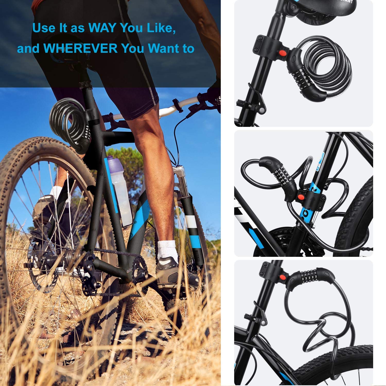 VLTAWA Bike Lock with Mounting Bracket, 4 ft Bike Lock Cable, 1/2 in Diameter High Security Bicycle Lock, 5 Digit Resettable Bike Locks with Combinations (Lightweight, 1.2mx12mm) (Black)