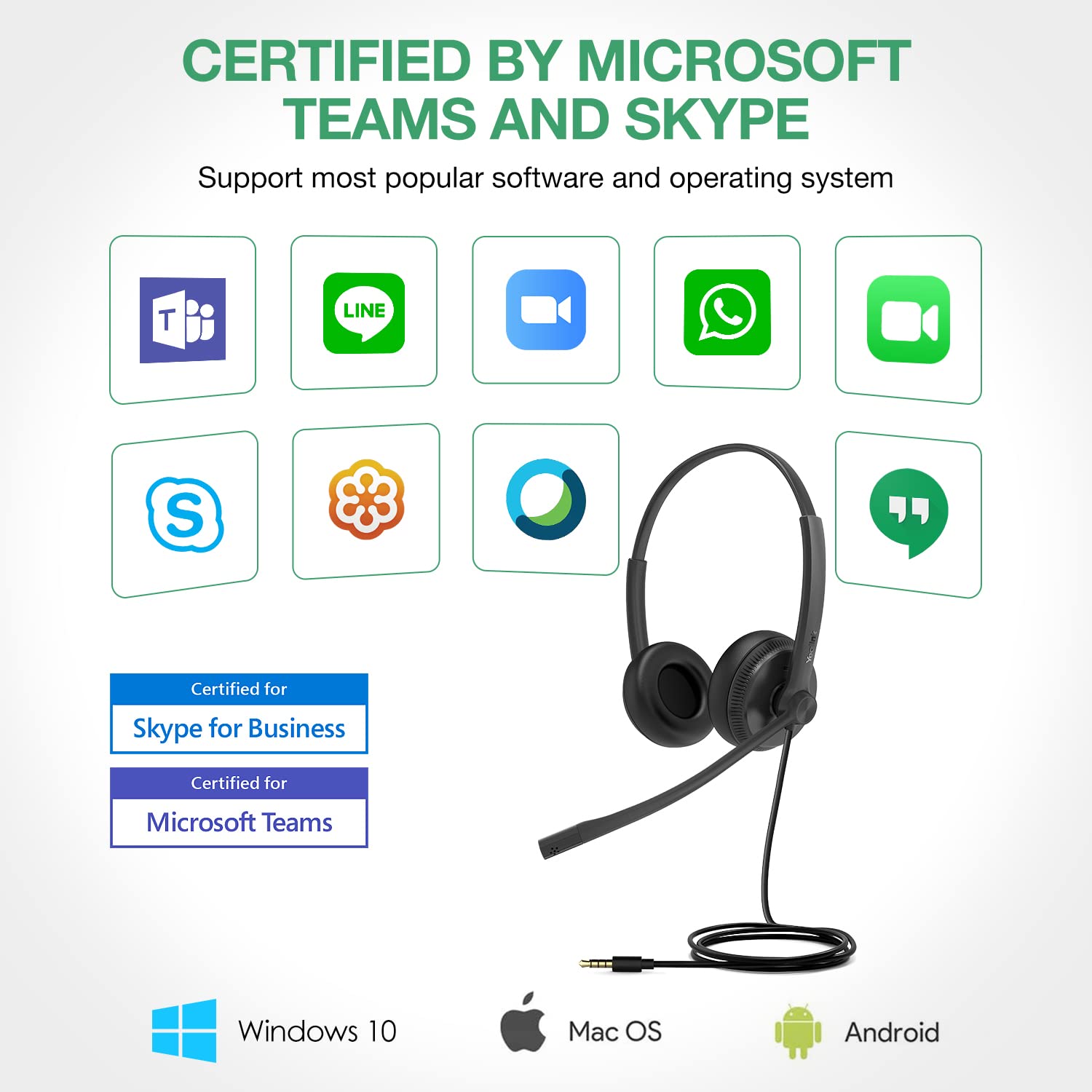 Yealink UH34 USB Headset with Microphone for PC Laptop, 3.5mm Stereo Headphone Noise Canceling&Volume Control, Teams Certified Work Office Headset